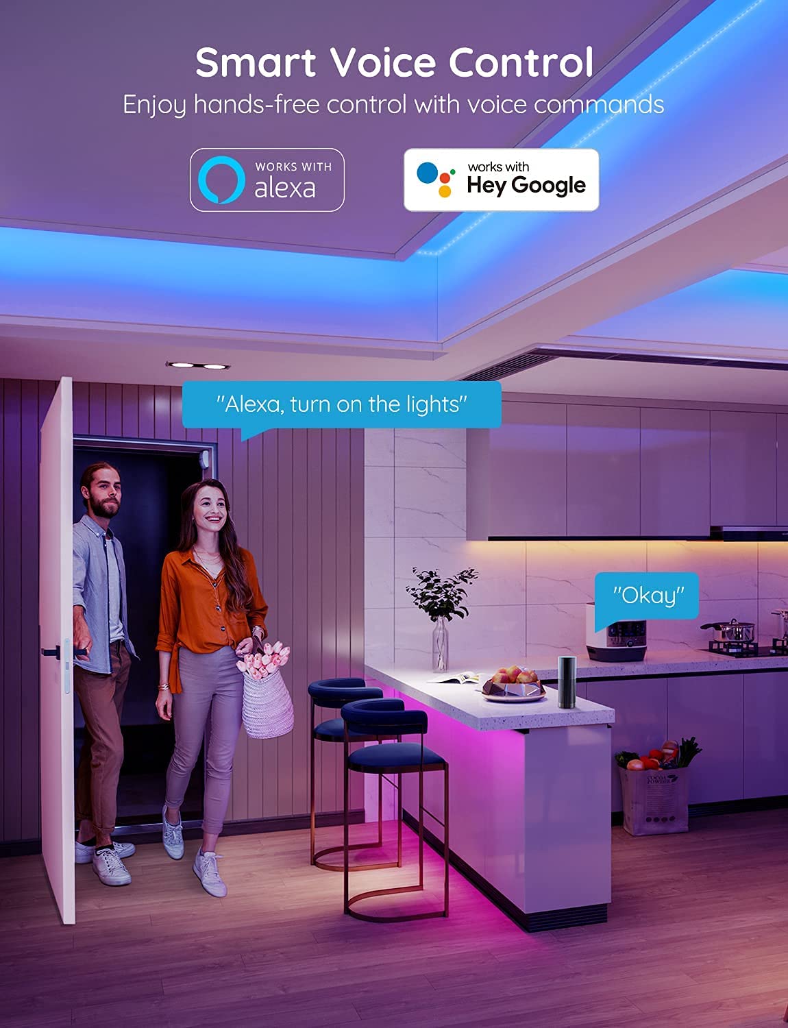 Govee LED Strip Lights, 65.6ft WiFi RGB Strip Lights Work with Alexa and Google Assistant, Smart App Control, 64 Scenes, Music Sync, DIY LED Lights for Bedroom, Kitchen, Party, Living Room, TV