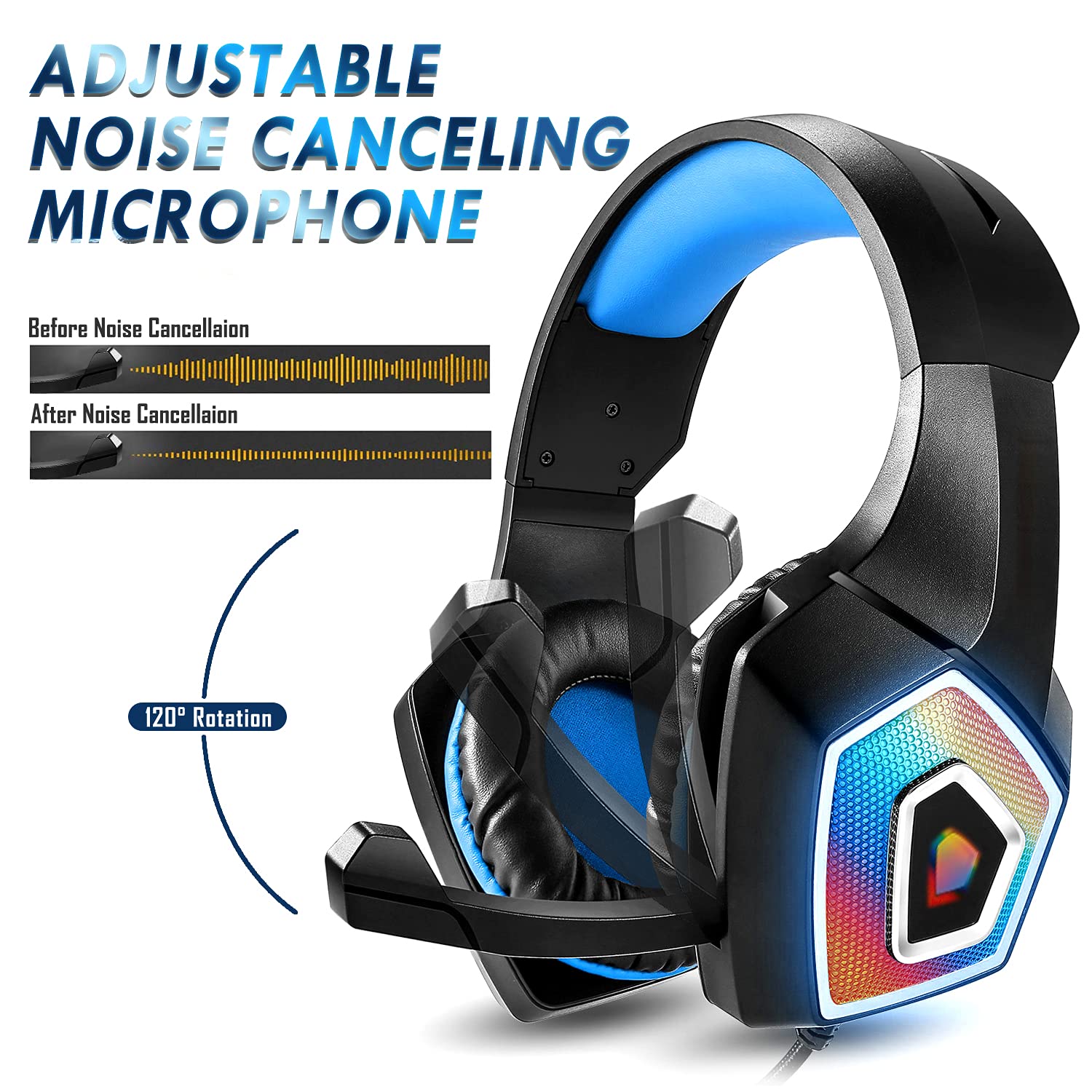 GALOPAR Stereo Gaming Headset for PC, PS4, Xbox One, 3D Surround Sound Headset with Noise Canceling Mic LED Light, Over-Ear Headphones Compatible with PS4, Xbox One, Switch, PC, Mac, Laptop