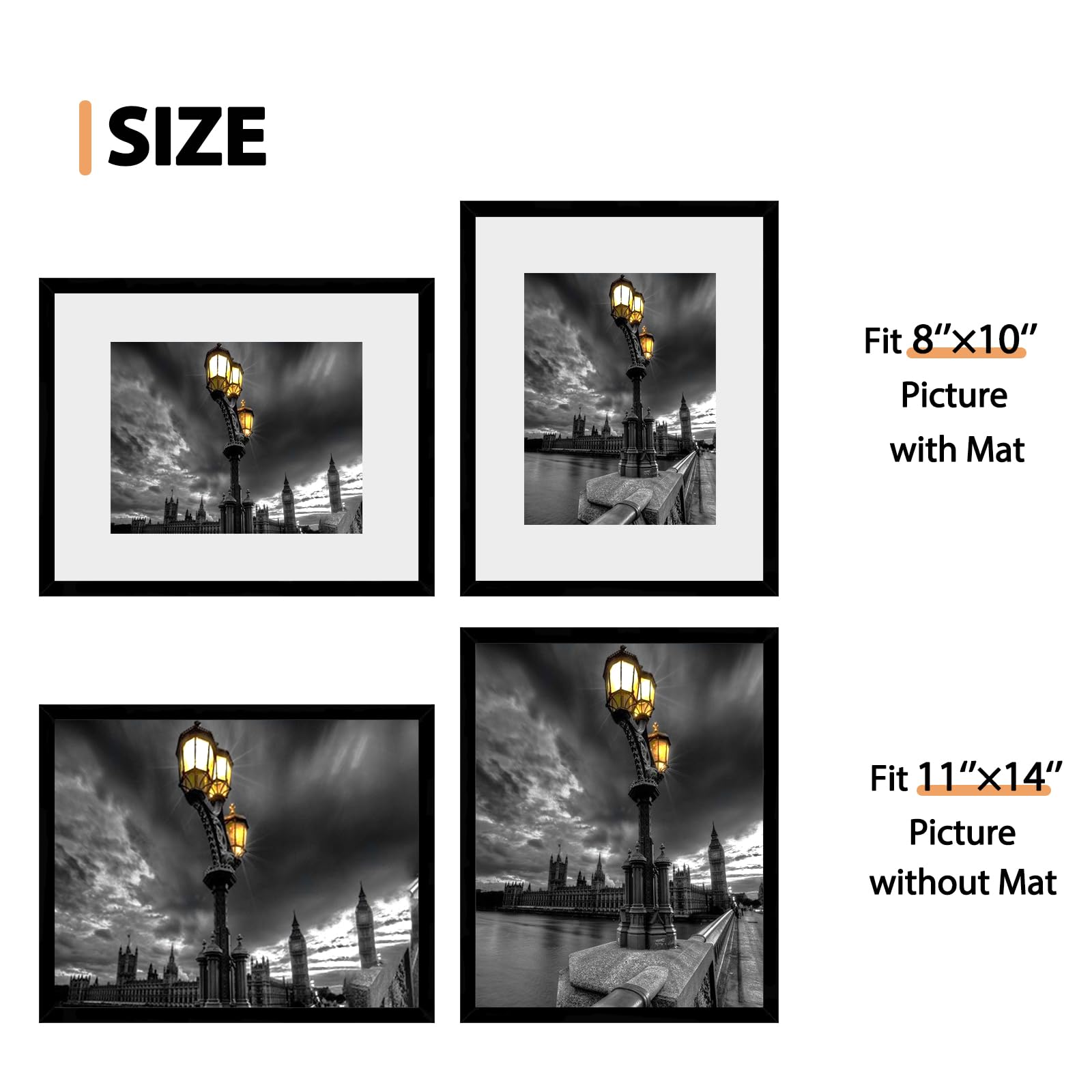 Fixwal 11x14 Picture Frame in Black, Display Pictures 8x10 with Mat or 11x14 Without Mat, Plastic Frame,Photo Frame for Wall or Tabletop Display