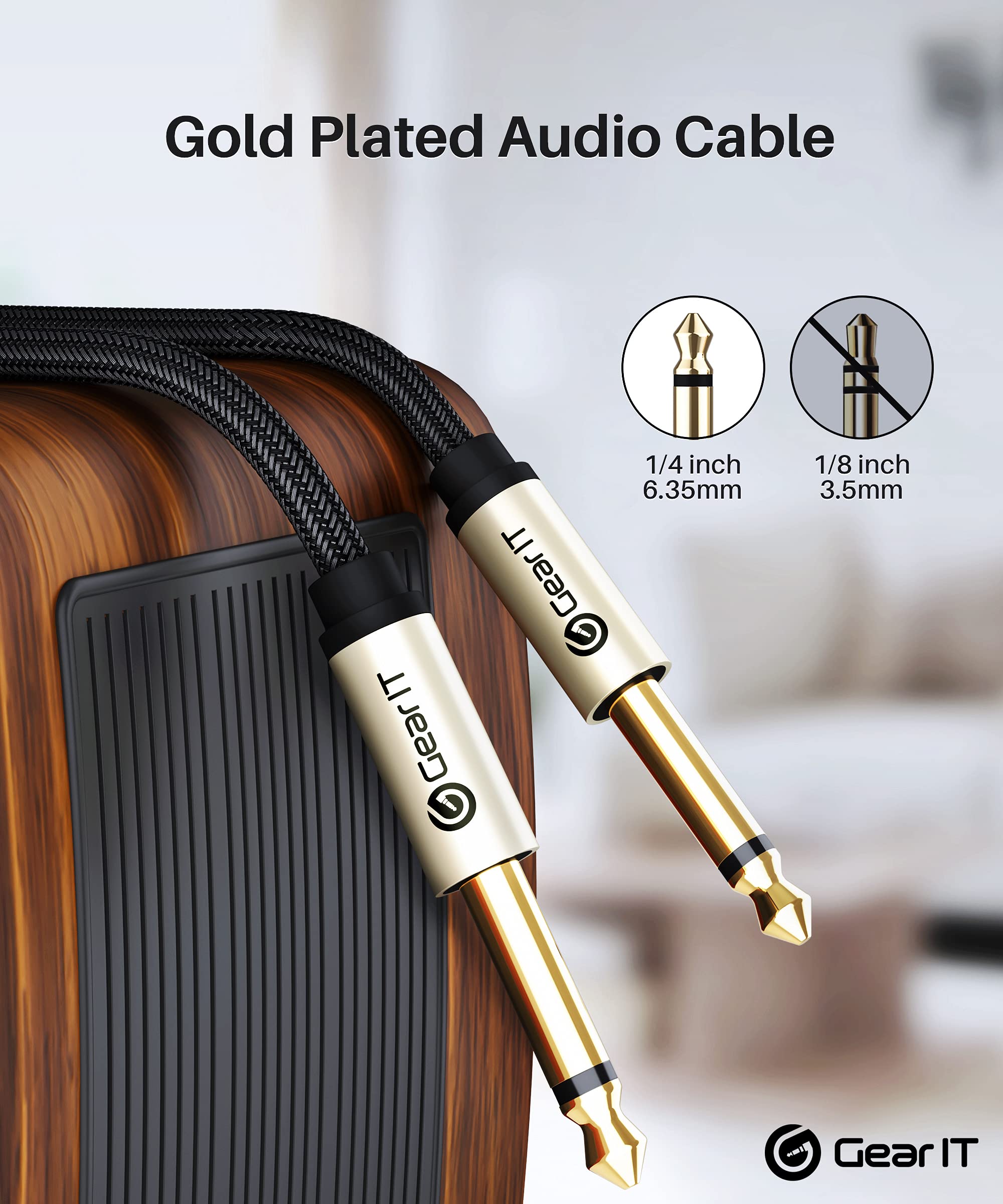 GearIT Guitar Instrument Cable (15ft 2-Pack) 1/4 Inch to 1/4 inch TS Straight Male to Male 6.35mm Mono Jack with Alloy Connector and Nylon Braid