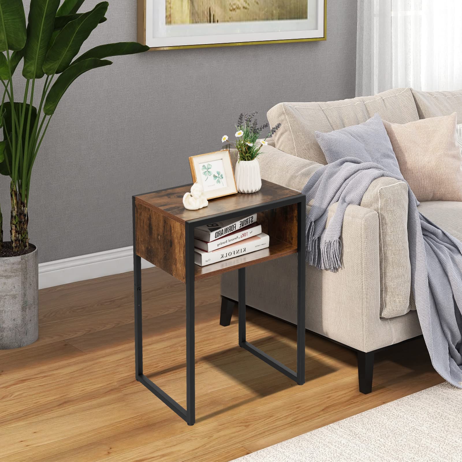 Giantex Industrial Side Table, Small End Table with Open Storage Compartment and Metal Frame, Wood Bedside Tables, Night Stand for Living Room Bedroom, Easy Assembly, Rustic Brown