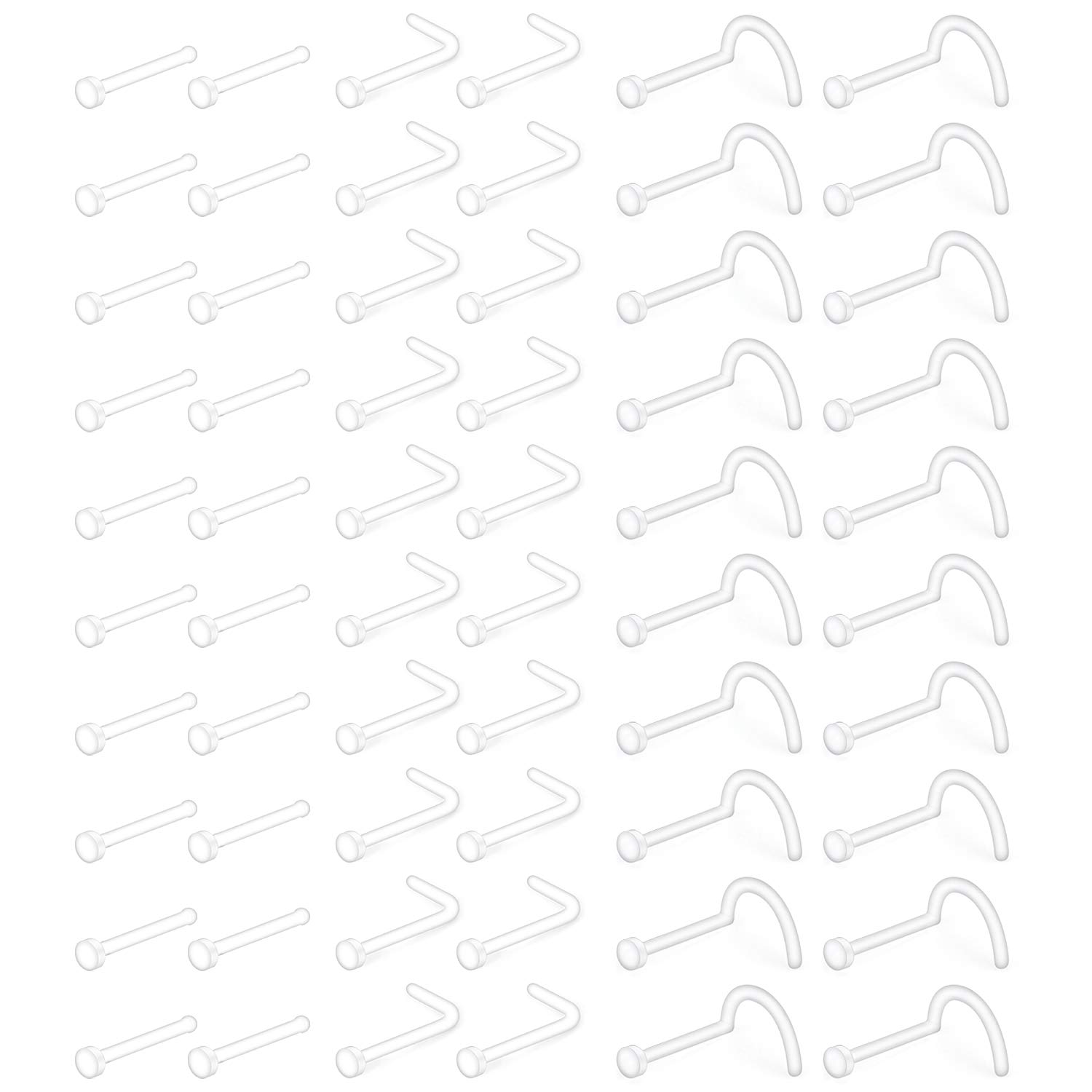 Ftovosyo 60 Pieces Clear Nose Ring L Shape Screw Bone Flexible Acrylic Nose Stud Retainer Body Piercing for Women Men 22G Flat Size 2mm