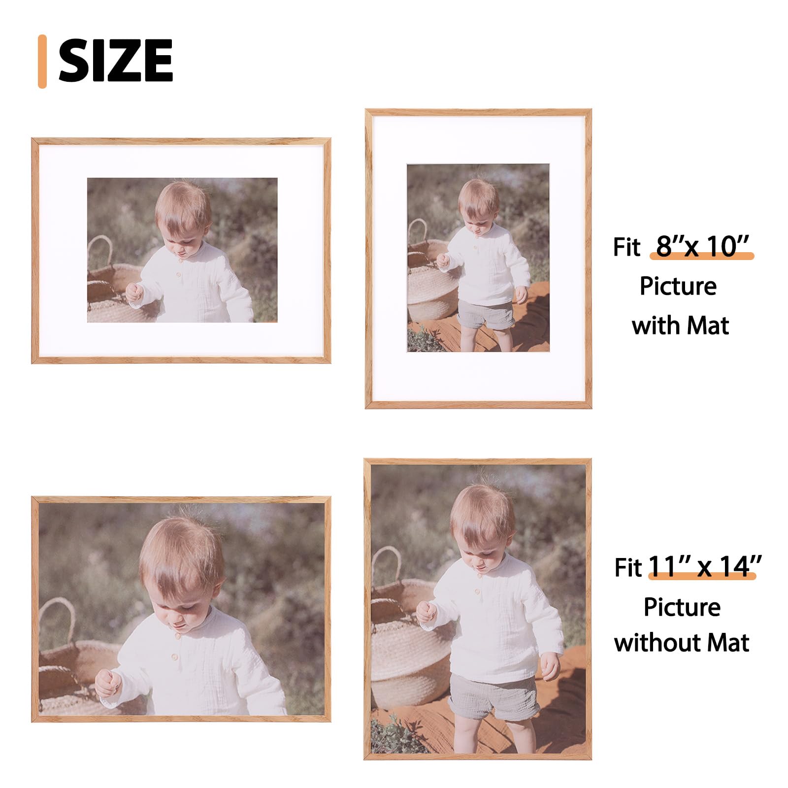 Fixwal 2 Pack of 11x14 Beige Oak Hanging Picture Frames, Natural Solid Wood Photo Frames with Plexiglass, 8x10 Picture Frames with Mat or 11x14 Picture Frames without Mat