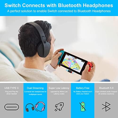 Friencity Bluetooth Transmitter Adapter for PC or Switch, Low Latency Wireless Audio Dongle w/USB C to A Converter for Nintendo Switch PC PS4 Bose Sony Headphones, in-Game Voice Chat & Dual Link