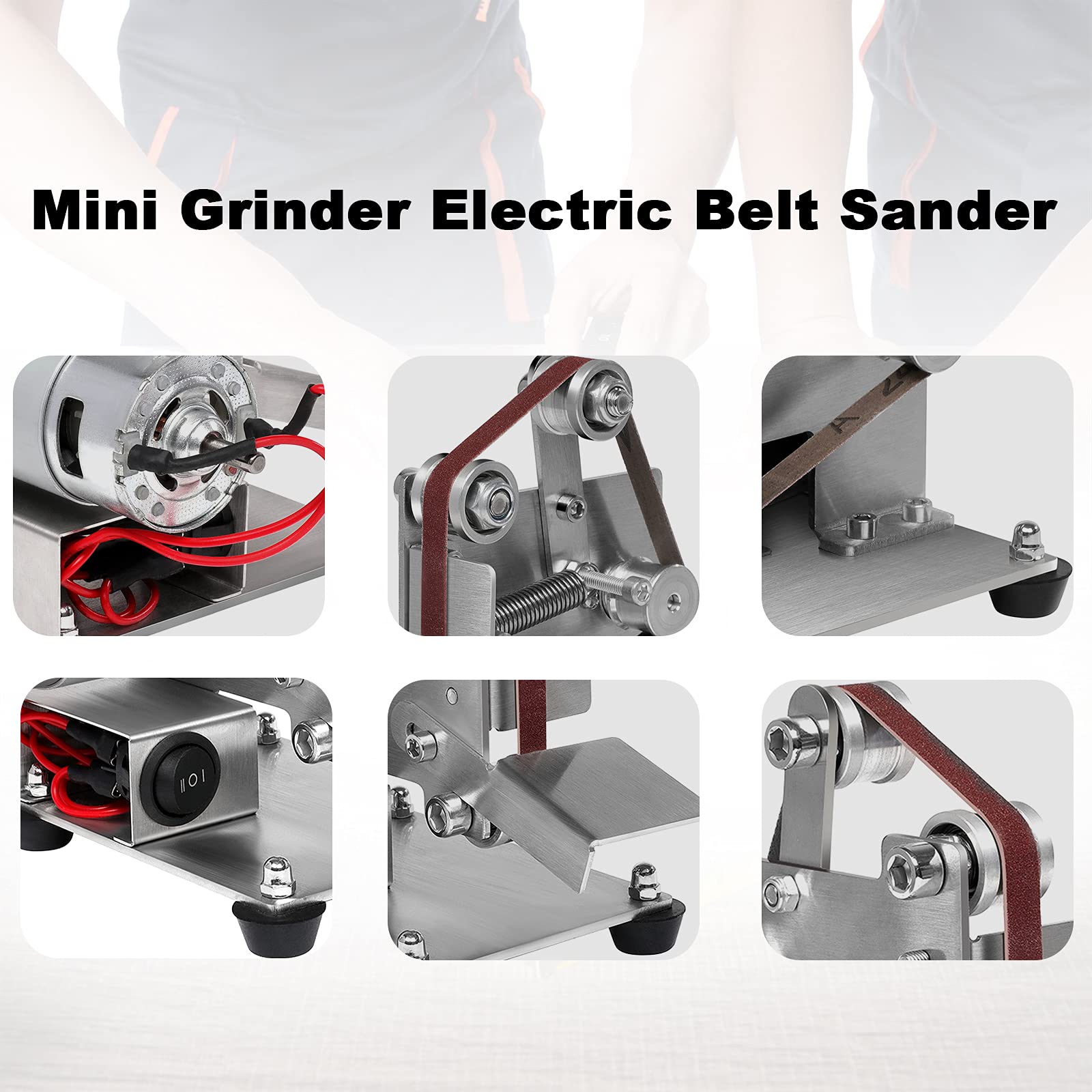 Mini Belt Sander Bench Metal Grinder Knife Making Small Electric Sharpening Machine with 10PCS Sanding Belt Tool Kit 7 Power Speed Polisher for DIY Wood Working Apex Edge Polishing Lijadora de Banda