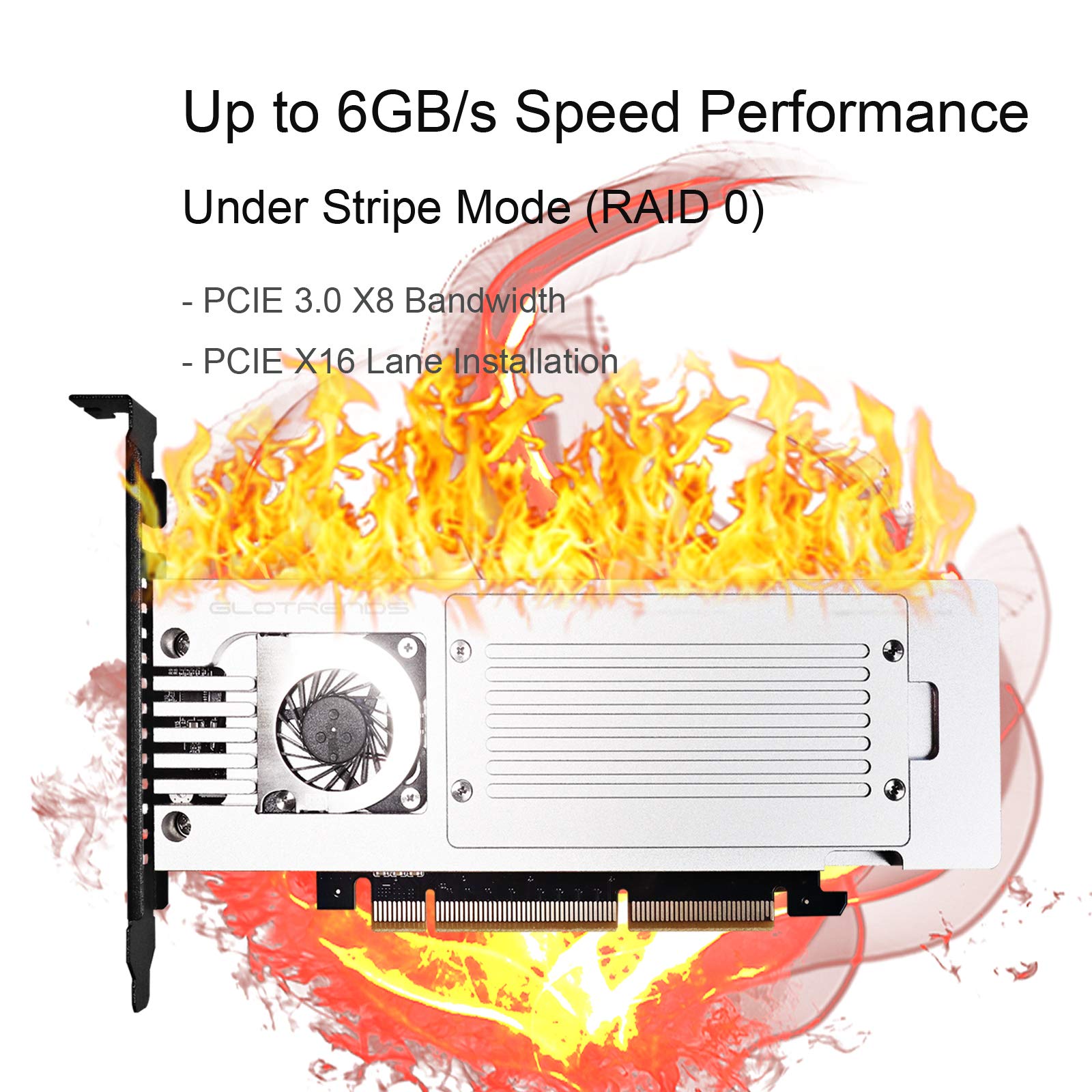 GLOTRENDS 4-Bay M.2 NVME Adapter, Support Non-Bifurcation Motherboard, Soft RAID, PCIE 3.0 X8 Bandwidth, Full Aluminum Panel with Built-in Fan (Sky)