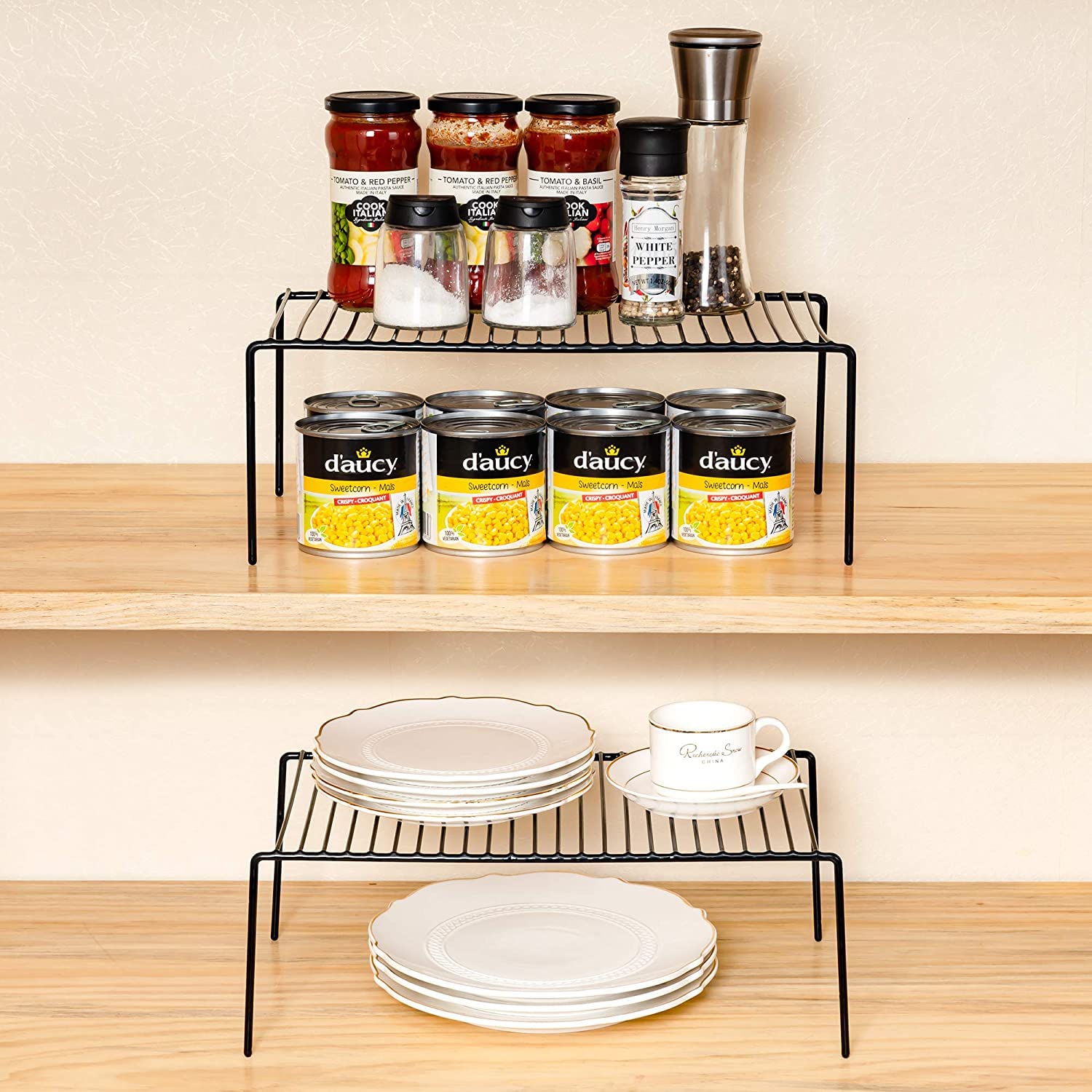 GEDLIRE Kitchen Cabinet Shelf Organizer Set of 2, Large (15.7 x 9.4 inch) Metal Wire Pantry Storage Shelves, Dish Plate Racks for Cabinets, Freezer, Counter, Cupboard Organizers and Storage, Black