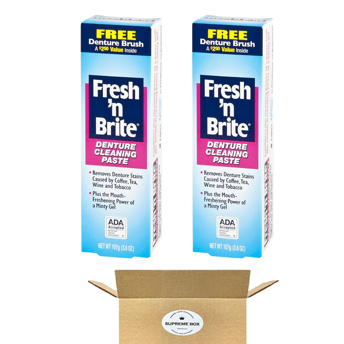 Fresh 'n Brite Denture Cleaning Paste for Dentures, Removable Partial Dentures, Retainers, Mouthguards, Nightguards, Fast Stain Removal, 3.8 oz Tubes - Pack of 2 (7.6 oz in Total)