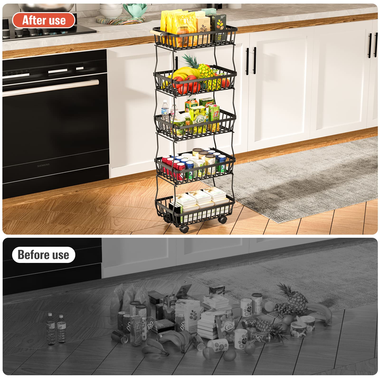 Fruit Vegetable Basket, 4 Tier Fruit Vegetable Storage Cart, Vegetable Basket Bins Rack for Onions and Potatoes, Rolling Utility Cart for Kitchen Pantry Bedroom Living Room, with Handle