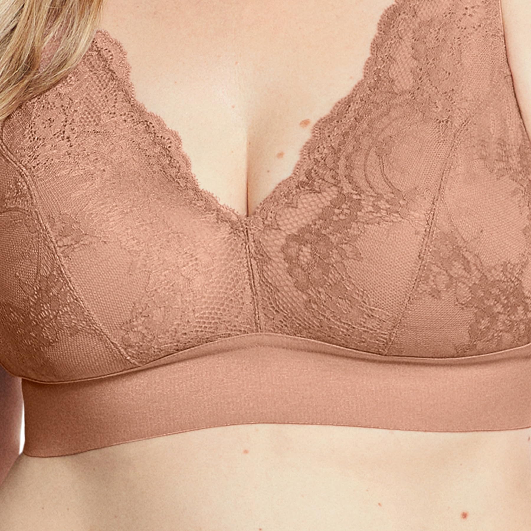 Full Figure Plus Size Bramour Lexington Lace Plunge Bralette Wirefree #7013 Cappuccino