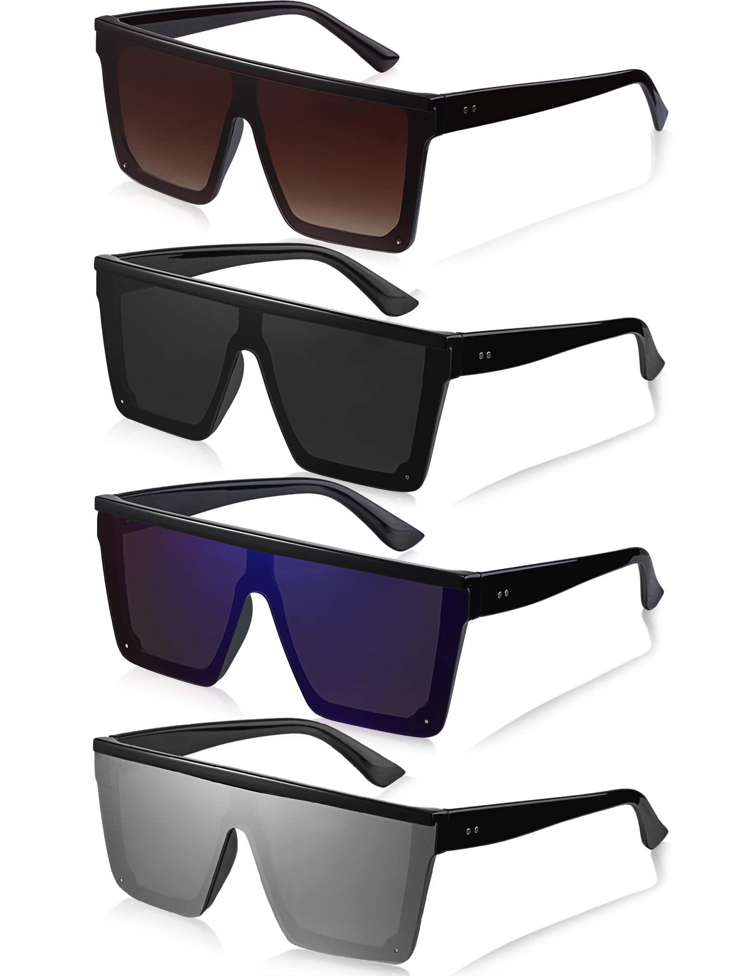 Frienda 4 Pairs Oversized Flat Top Sunglasses Vintage Square Sunglasses Unisex Square Shade Large Sunglasses for Women Men (Ice blue, Gray, Silver, Gradient Brown)