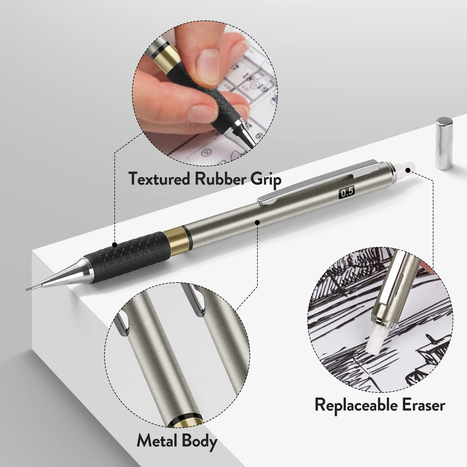 Four Candies Metal Mechanical Pencil Set - 3PCS 0.5mm Art Mechanical Pencils & 360PCS HB Lead Refills & 3PCS Erasers & 9PCS Eraser Refills, Drawing Mechanical Pencils for Writing, Sketching -With Case