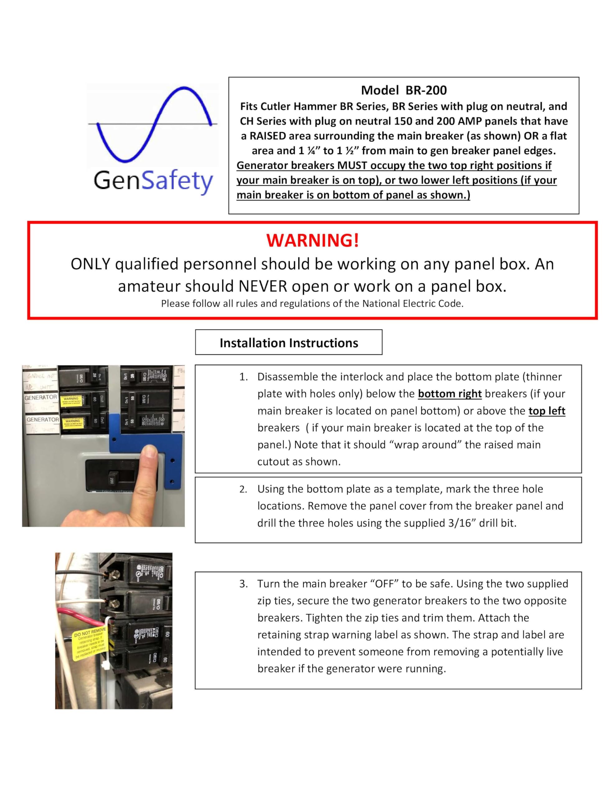 GenSafety BR-200 Generator Interlock Kit for Cutler Hammer BR and CH Series 150AMP and 200 AMP Panels - Made in USA !