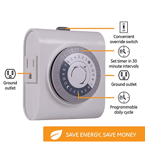 GE 24-Hour 2 Grounded Outlets Mechanical Outlet Timer, Timers for Electrical Outlets Indoor, Light Timers Indoor, Daily ON/OFF Cycle, Timer for Lights Inside, Christmas Tree Timer, 2 Pack, 46211