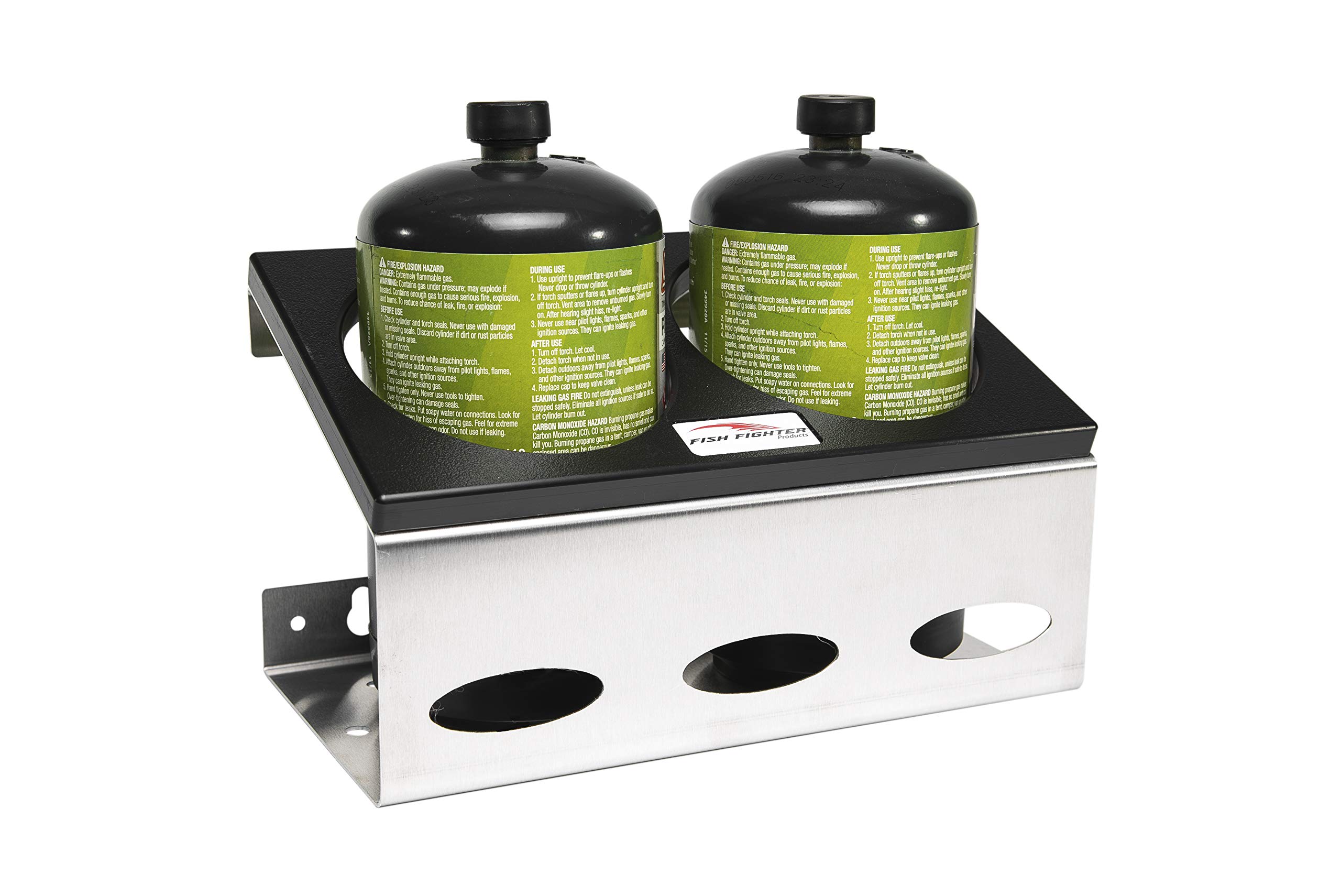 Fish Fighter Camping Propane Tank Holder | Mini Propane Bottle Rack - 2 Bottle Holder | Wall Mounted - Holds Two 16oz Propane Tanks