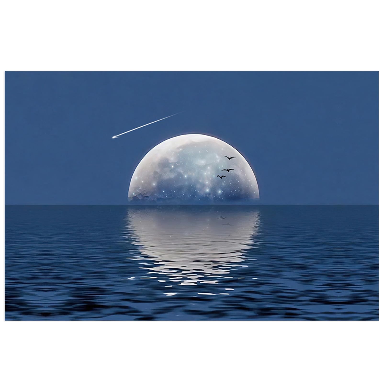Full Moon Aquarium Background, Durable PVC Adhesive Backdrop Aquarium Poster Fish Tank Backgrounds Decorative Paper 24.4x60.8inch, Blue Ocean Waves Seabirds