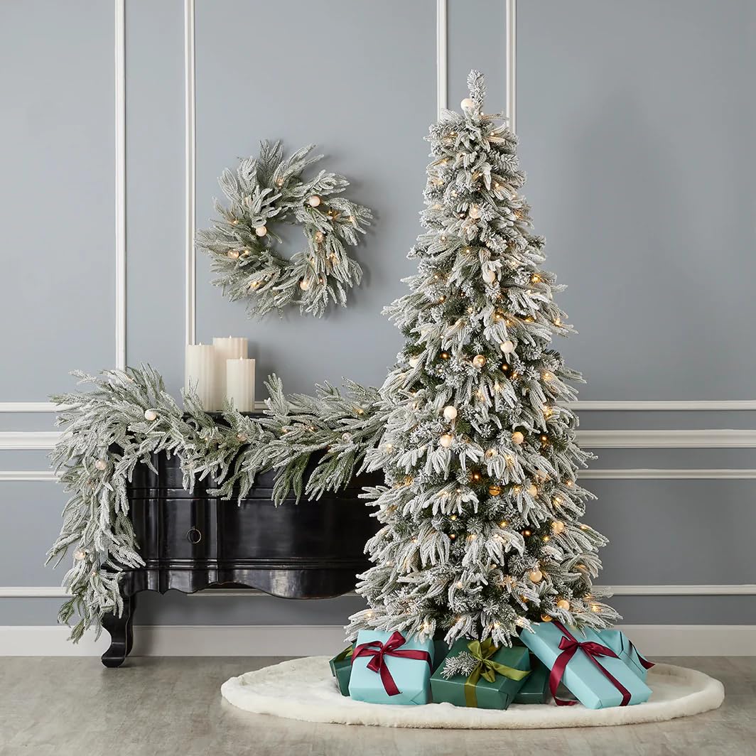 Frosted Acadia Wreath | Pre-strung with 50 LED lights | Indoor or covered Outdoor
