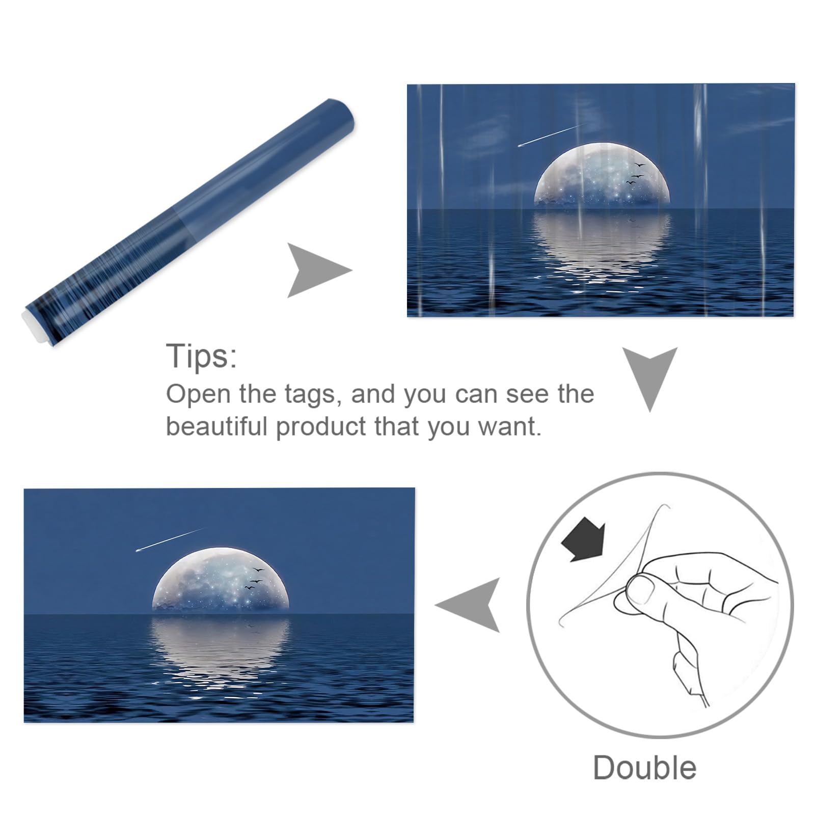 Full Moon Aquarium Background, Durable PVC Adhesive Backdrop Aquarium Poster Fish Tank Backgrounds Decorative Paper 24.4x60.8inch, Blue Ocean Waves Seabirds