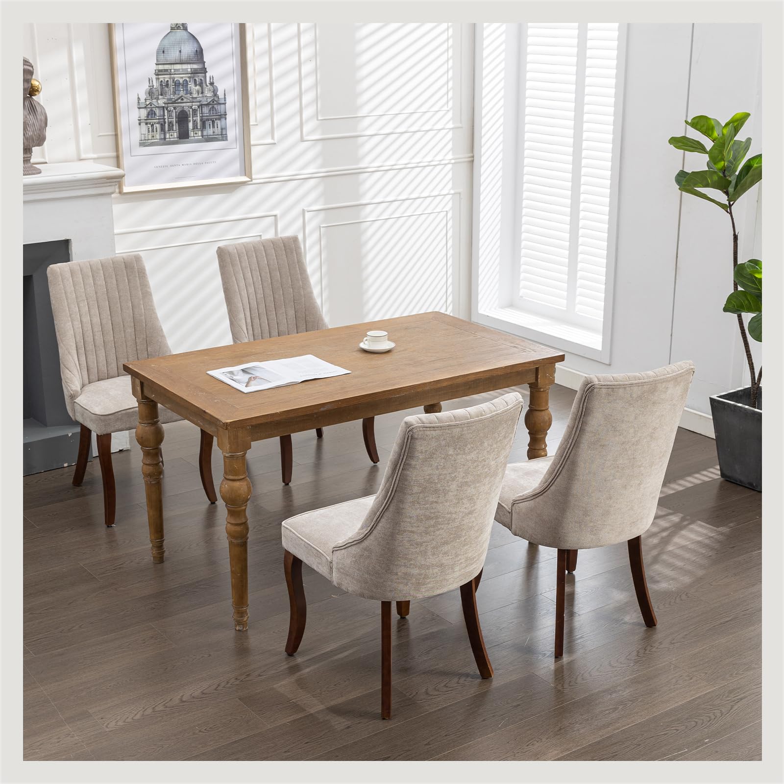 MZDOO Dining Chairs Set of 4,Linen Channel Tufted Kitchen Dining Room Chair with Curved Solid Wood Legs, Comfortable Fabric Upholstered Dining Chair for Dining Room, (Rustic Beige, 4pc)