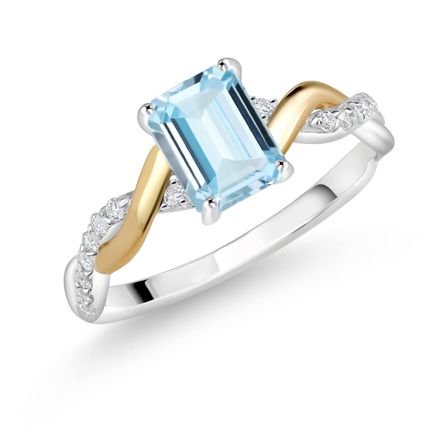 Gem Stone King 925 Silver and 10K Yellow Gold Gemstone Birthstone and Lab Grown Diamond Engagement Ring | Emerald Cut 7X5MM | Wedding Engagement Anniversary Promise Ring For Women