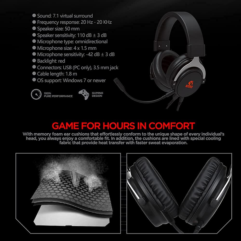 Gaming Headset, MARVO 7.1 Surround Sound PC Headset for Laptops, Phone, Pad, and Gamer, Noise Cancelling, USB + 3.5mm Jack, Memory Foam Ear Pads RGB Lights for PC, PS4, PS5, Xbox One, Switch -Black