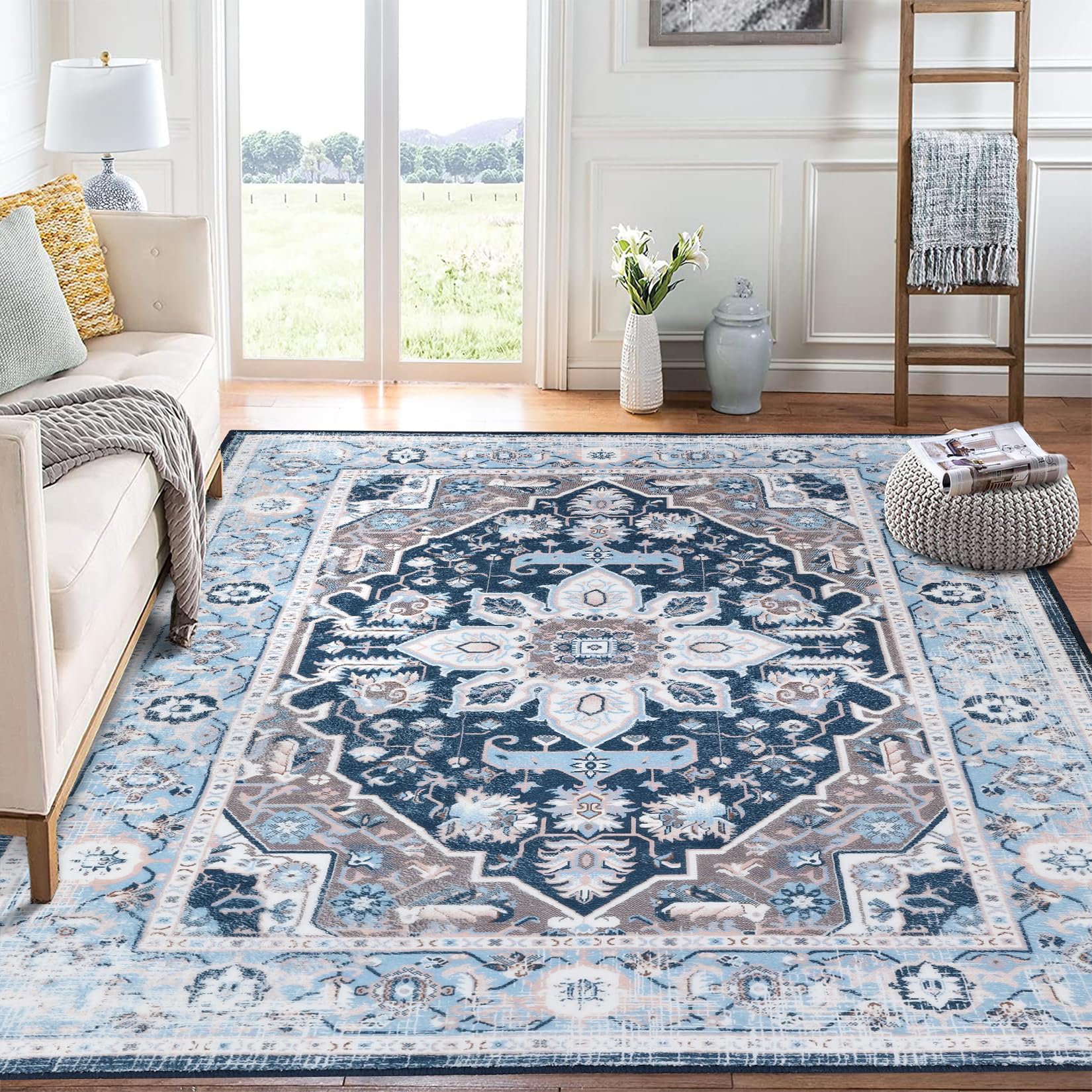 GAOMON Bohemian Washable Area Rug 5x7 Vintage Living Room Rug,Boho Carpet for Bedroom Under Dining Table Large Farmhouse Floral Distressed Indoor Non Slip Decor Home Office Nursery