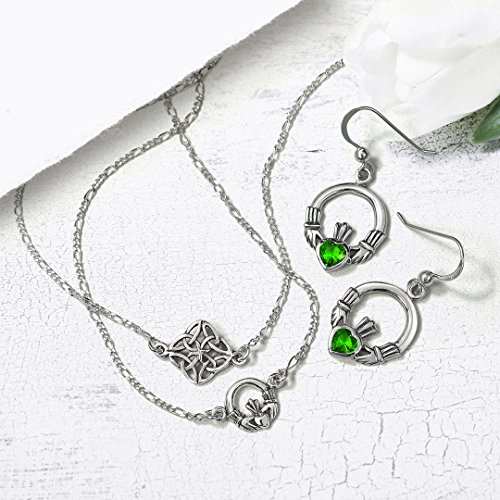 Friendship BFF Simulated Green Emerald CZ Heart Circle Irish Love Symbol Celtic Claddagh Dangle Earrings For Women Girlfriend Oxidized .925 Sterling Silver Fish Hook