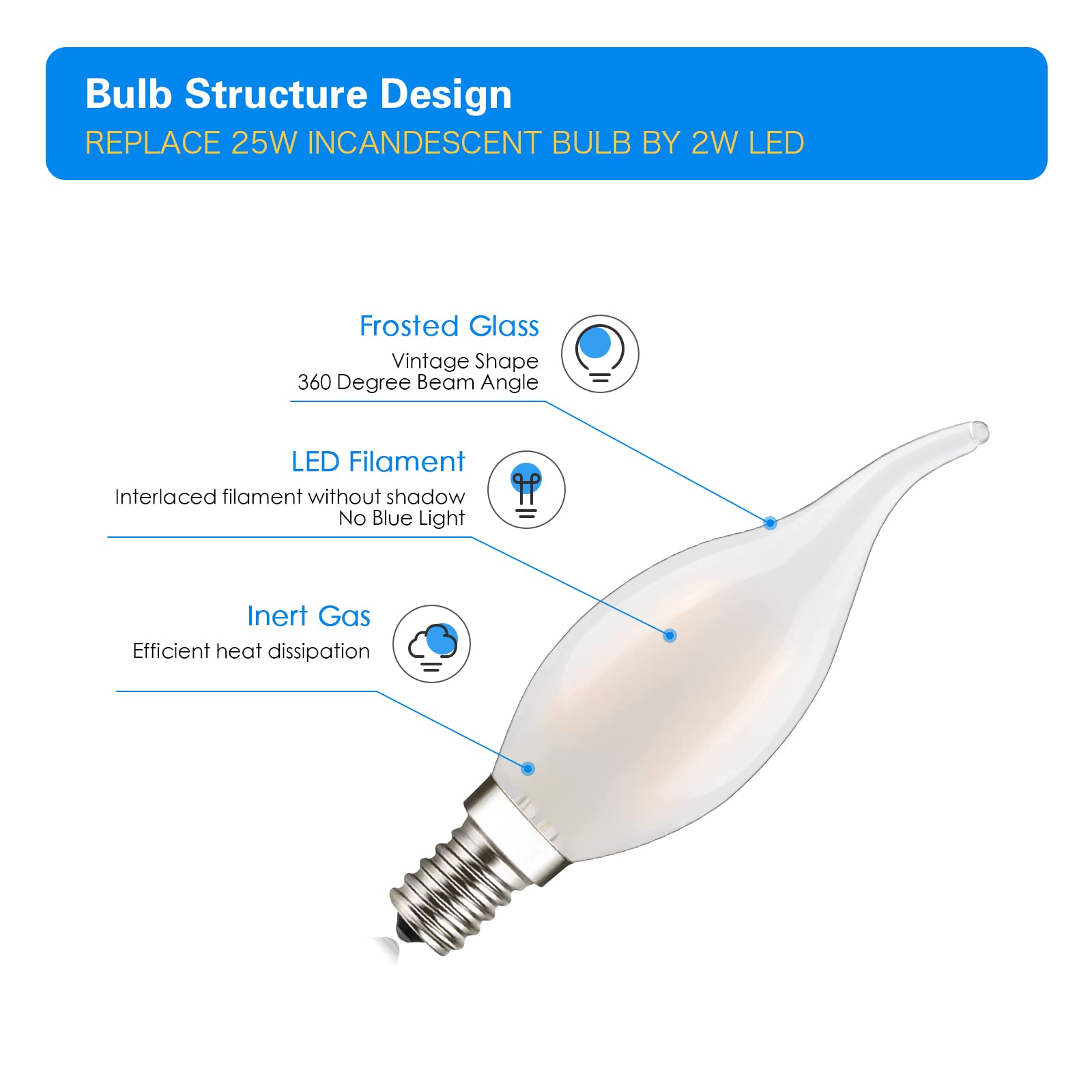Frosted Candelabra E12 LED Bulb, 2W 2700K Soft Warm, Flame Tip Shape, Dimmable CA10 LED Filament Light Bulbs 25W Equivalent, 4 Pack