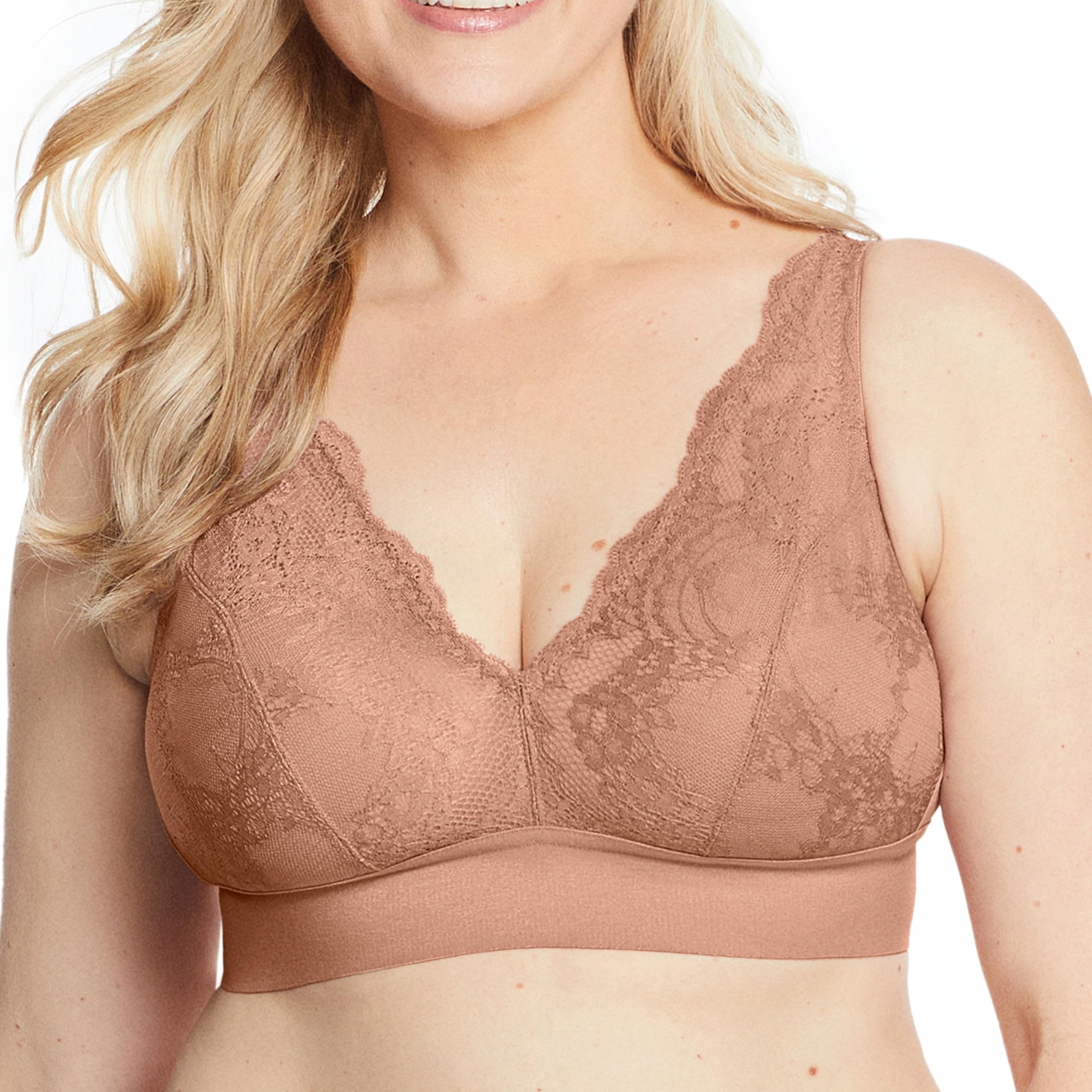 Full Figure Plus Size Bramour Lexington Lace Plunge Bralette Wirefree #7013 Cappuccino