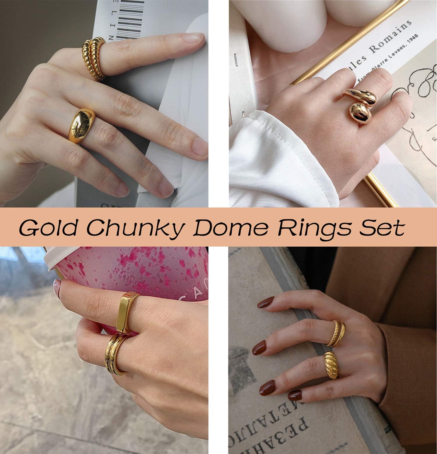 FUNEIA 6Pcs Thick Dome Chunky Rings for Women Men 18K Gold Plated Round Signet Rings Braided Twisted Signet Statement Ring Size 5-9