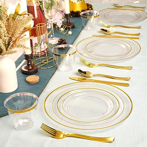 FOCUSLINE 100 Count Clear Gold Plastic Plates 7 Inch, Disposable Heavy Duty Clear Plates with Gold Rim, Premium Hard Plastic Plates Fancy Disposable Clear Salad Plates for Wedding Parties