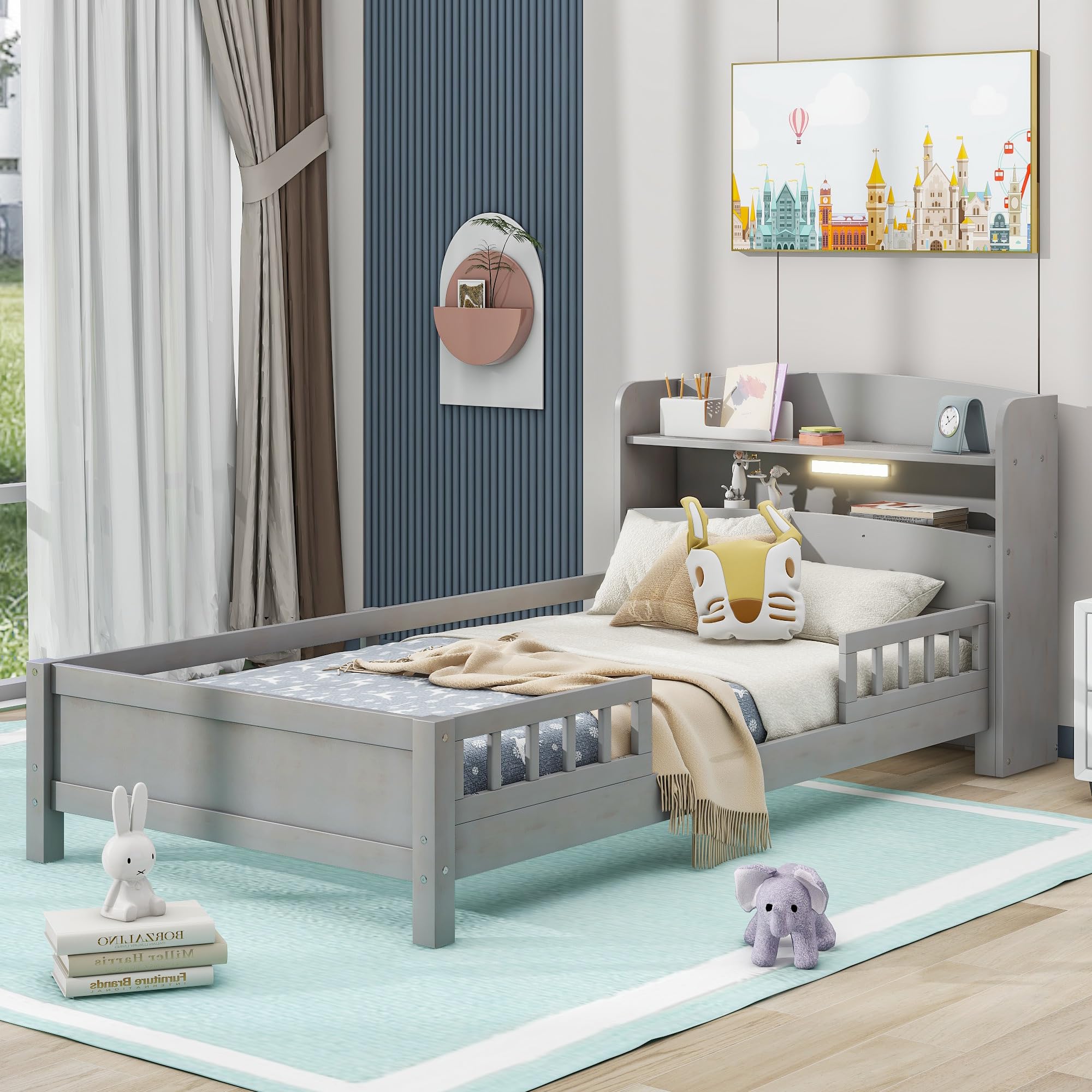 Fuhomtre Platform Bed with Storage Shelves,Built-in LED Light,No Box Spring Needed, Strong Frame and Wooden Slats Support,Easy Assembly