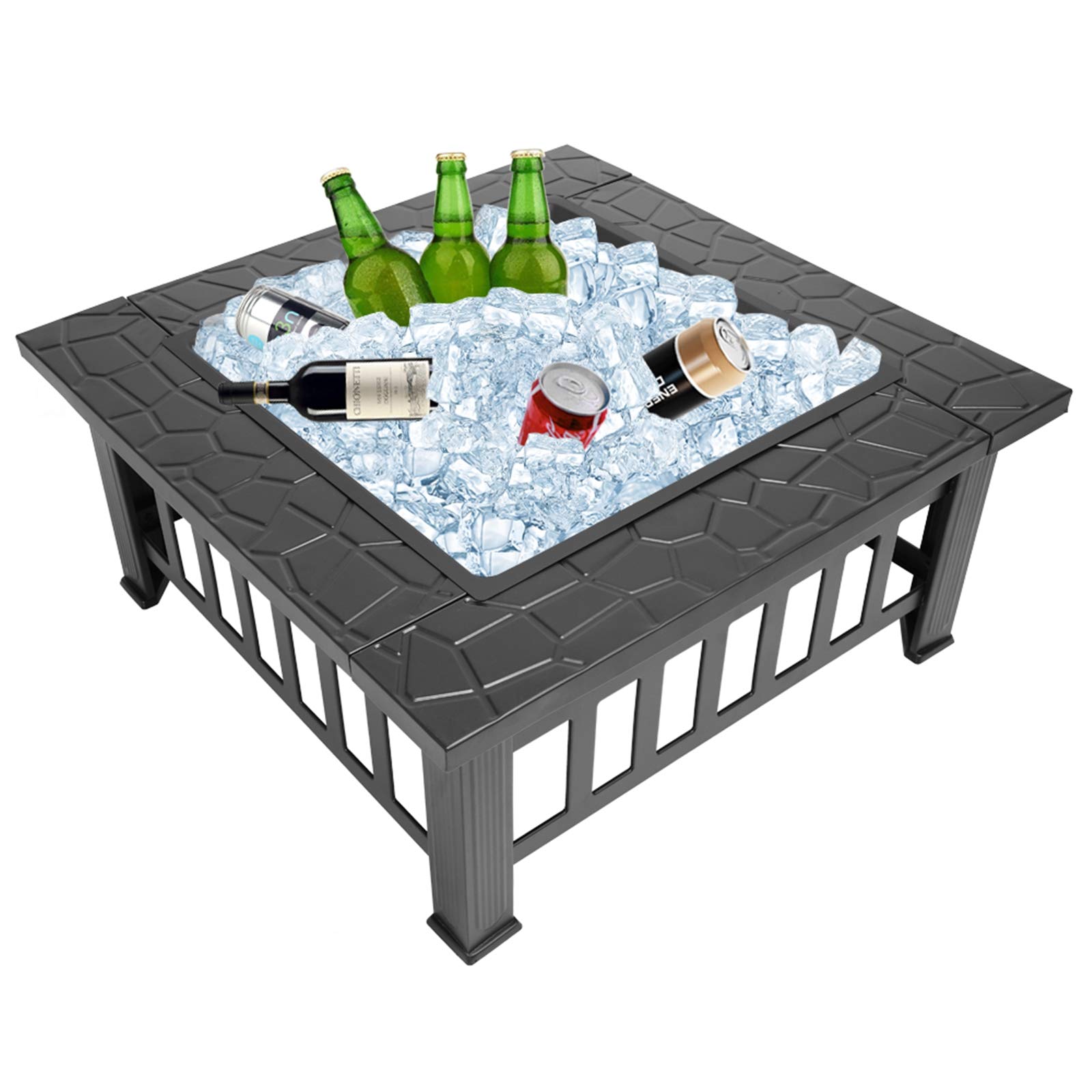 Fire Pit 32'' Wood Burning Firepit Metal Square Outdoor Fire Tables SteelFire Pit Bowl with Spark Screen Cover, Poker Log Grate for Patio Bonfire Camping Backyard Garden Picnic