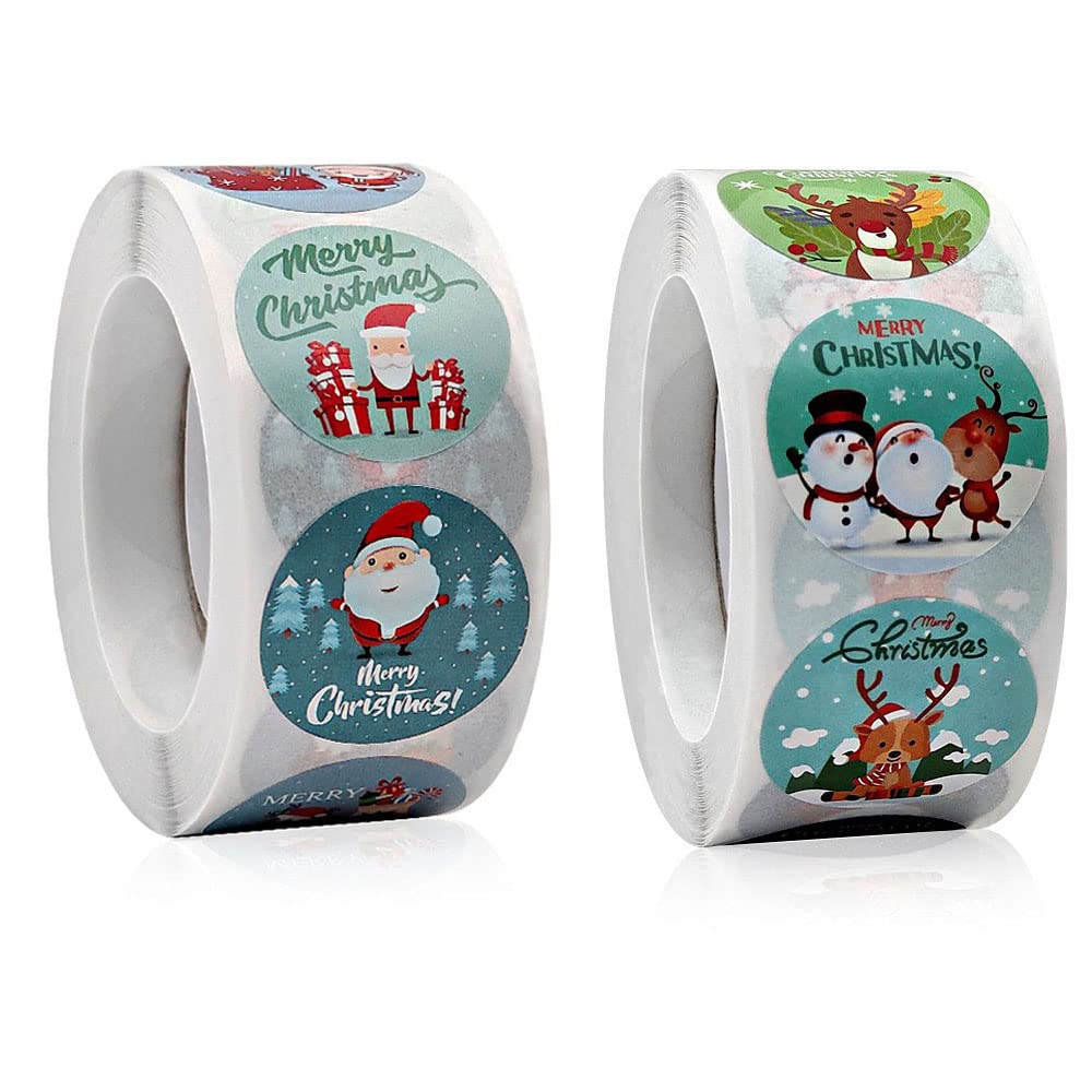 MTYTOT 1000 Pieces Christmas Sticker for Envelope, 1" Round Merry Christmas Sticker, 8 Designs Christmas Decoration Envelope Seal Sticker Card Gift Envelope Box(2 Roll 16 Designs 1inch)
