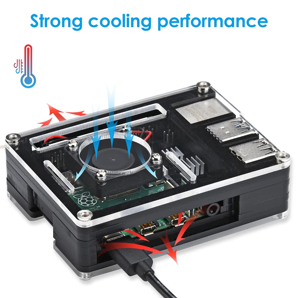 GeeekPi Acrylic Case for Raspberry Pi 4, Raspberry Pi 4 Case with Fan, Raspberry Pi 4 5V 3A Type-C Power Supply, 4pcs Aluminum Heatsinks for Raspberry Pi 4B 8gb/4gb/2gb (No Raspberry Pi Board)