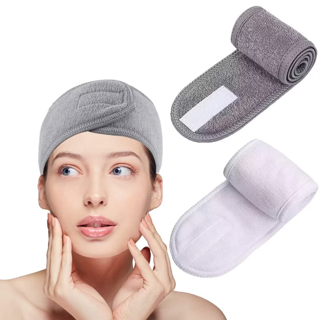 Flytianmy 2 Pcs Spa Facial Headband, Adjustable Face Wash Headband with Magic Tape for Bath, Makeup and Sport (Grey, White)