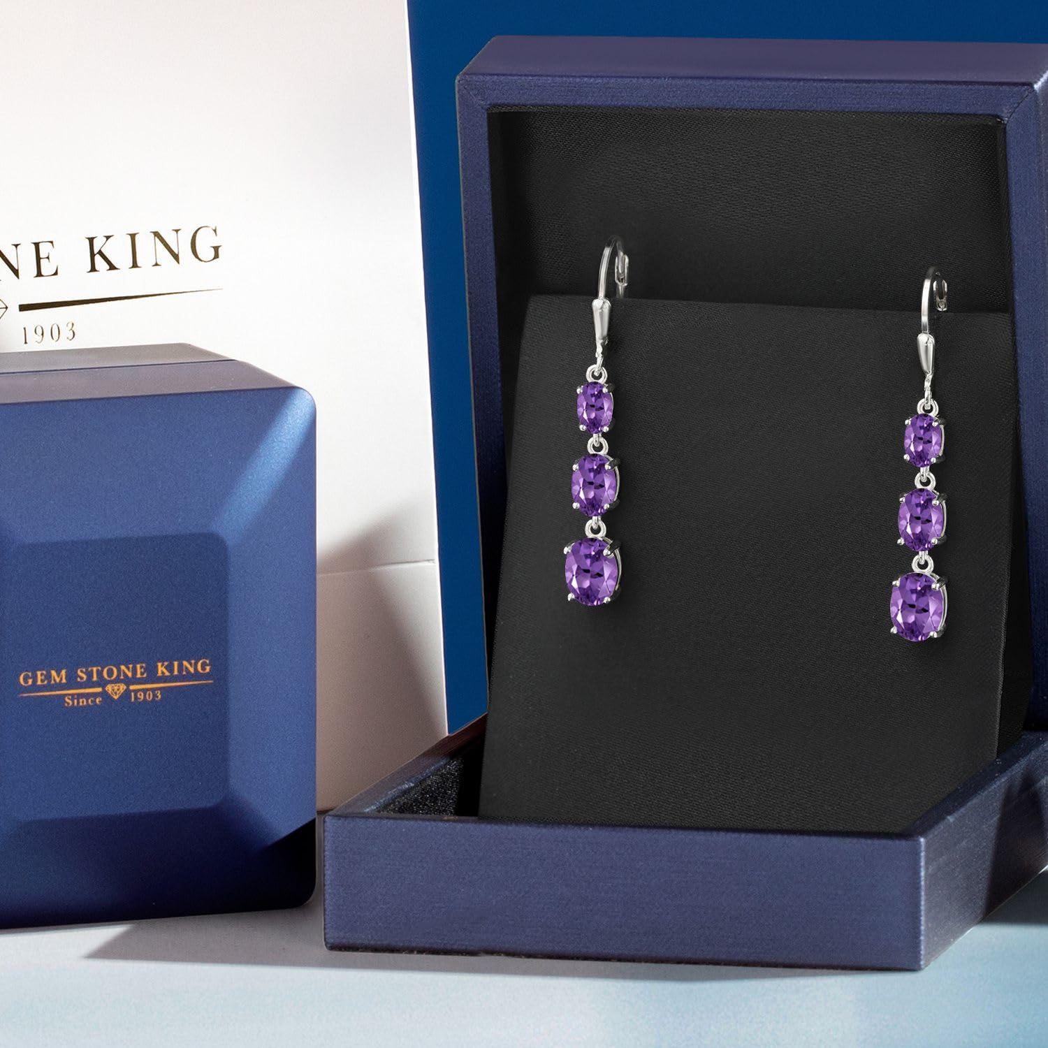 Gem Stone King 925 Sterling Silver Gemstone Birthstone 3-Stone Drop Dangle Earrings | Oval 8X6MM 7X5MM and 6X4MM | Three Stone Leverback Earrings For Women