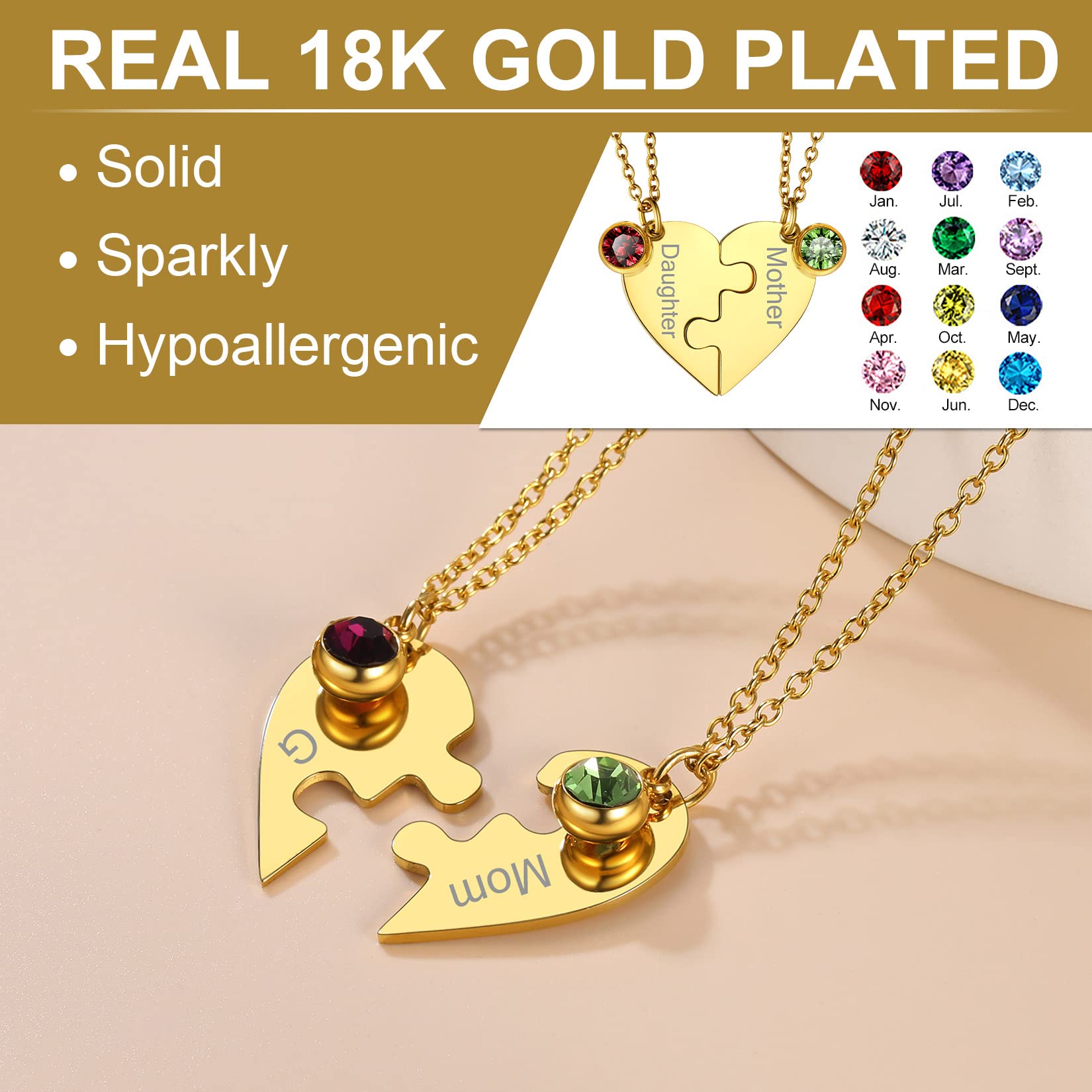 GOLDCHIC JEWELRY Gold Split Necklaces For Couples, Personalised Engraved Birthstones Matching Heart Pendant For 2