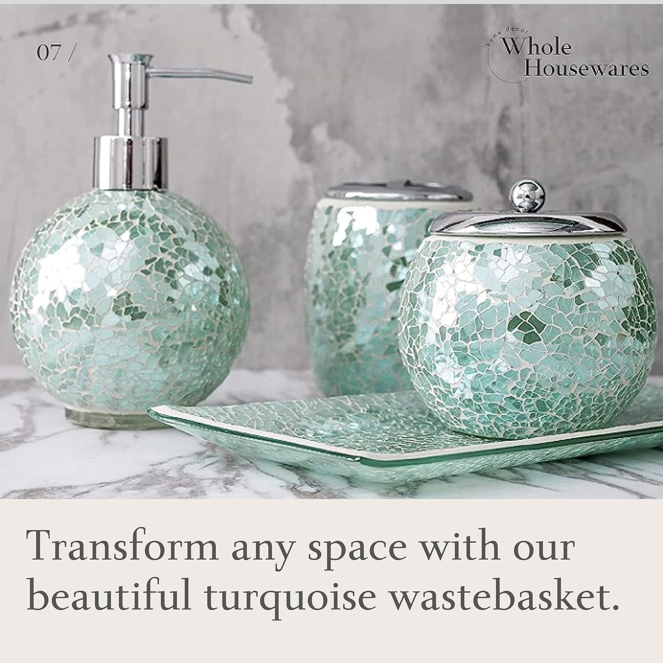 WHOLE HOUSEWARES Mosaic Wastebasket - Glass Decoration Bathroom Trash Can - Shiny Finish Bathroom Accessory - 7.5" x 10" - Turquoise