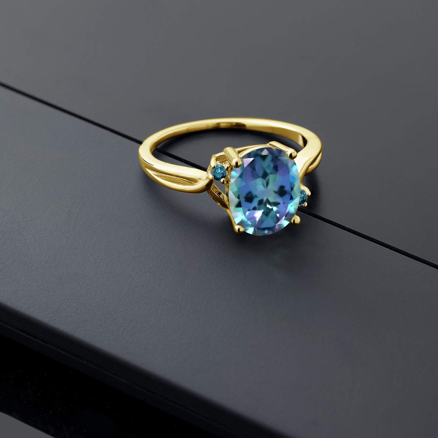 Gem Stone King 18K Yellow Gold Plated Silver Millennium Blue Mystic Topaz and Blue Diamond 3 Stone Ring For Women (3.03 Cttw, Oval 10X8MM, Gemstone Birthstone, Available In Size 5, 6, 7, 8, 9)
