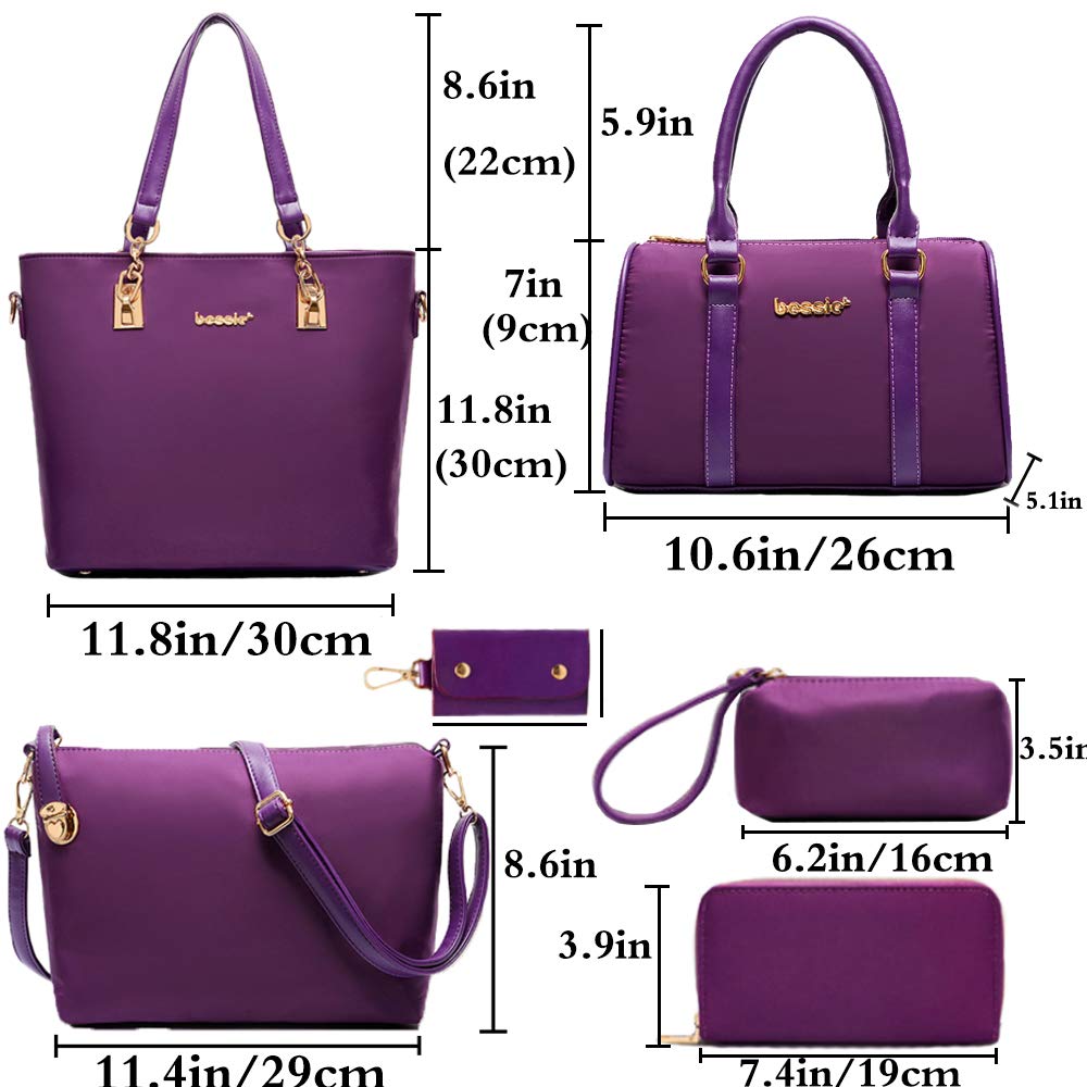 FiveloveTwo Women 6Pcs Handbag Set Nylon Top Handle Bag Totes Satchels Crossbody Shoulder Bags and Purse Clutch