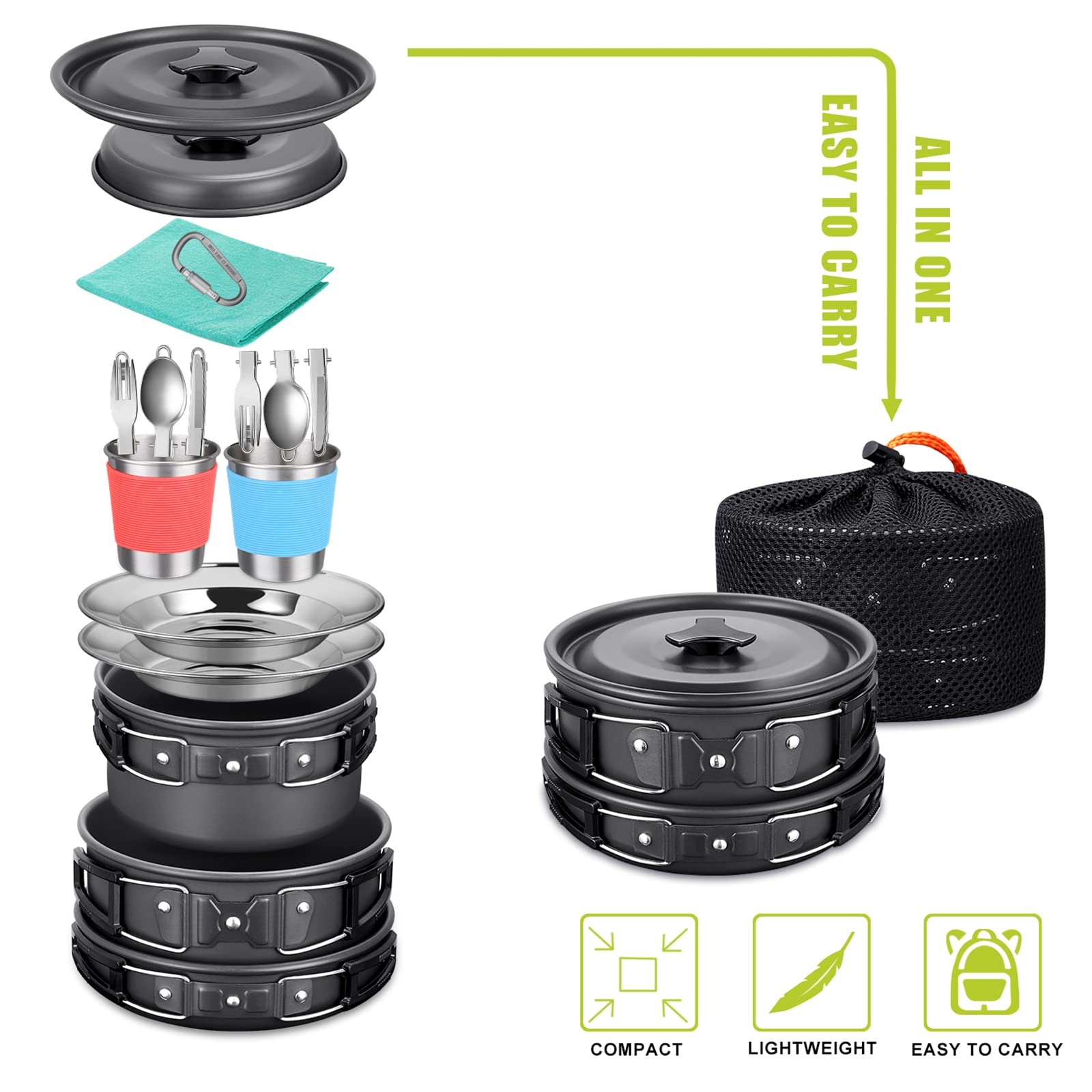 G4Free 18pcs Camping Cookware Mess Kit Non-Stick Lightweight Pots Pan Set with Stainless Steel Cups Plates Forks Knives Spoons for Camping Backpacking Outdoor Cooking and Picnic (Grey, 21PCS)
