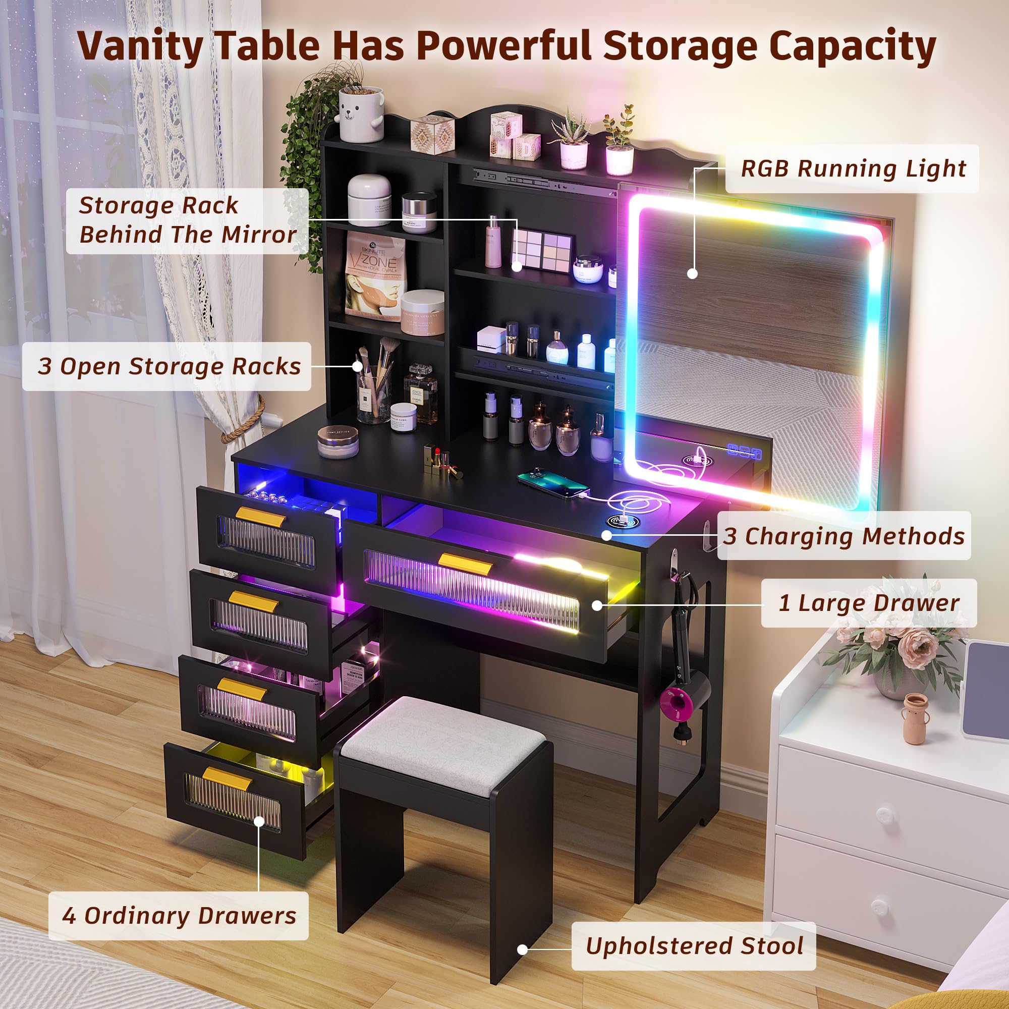 FOMNEY RGB LED Vanity Desk with Mirror and Lights, Makeup Vanity Desk with 3-in-1 Charging Station, Vanity Set with Stools&Sliding Mirror, Make UP Table with 5 Drawers (Black)
