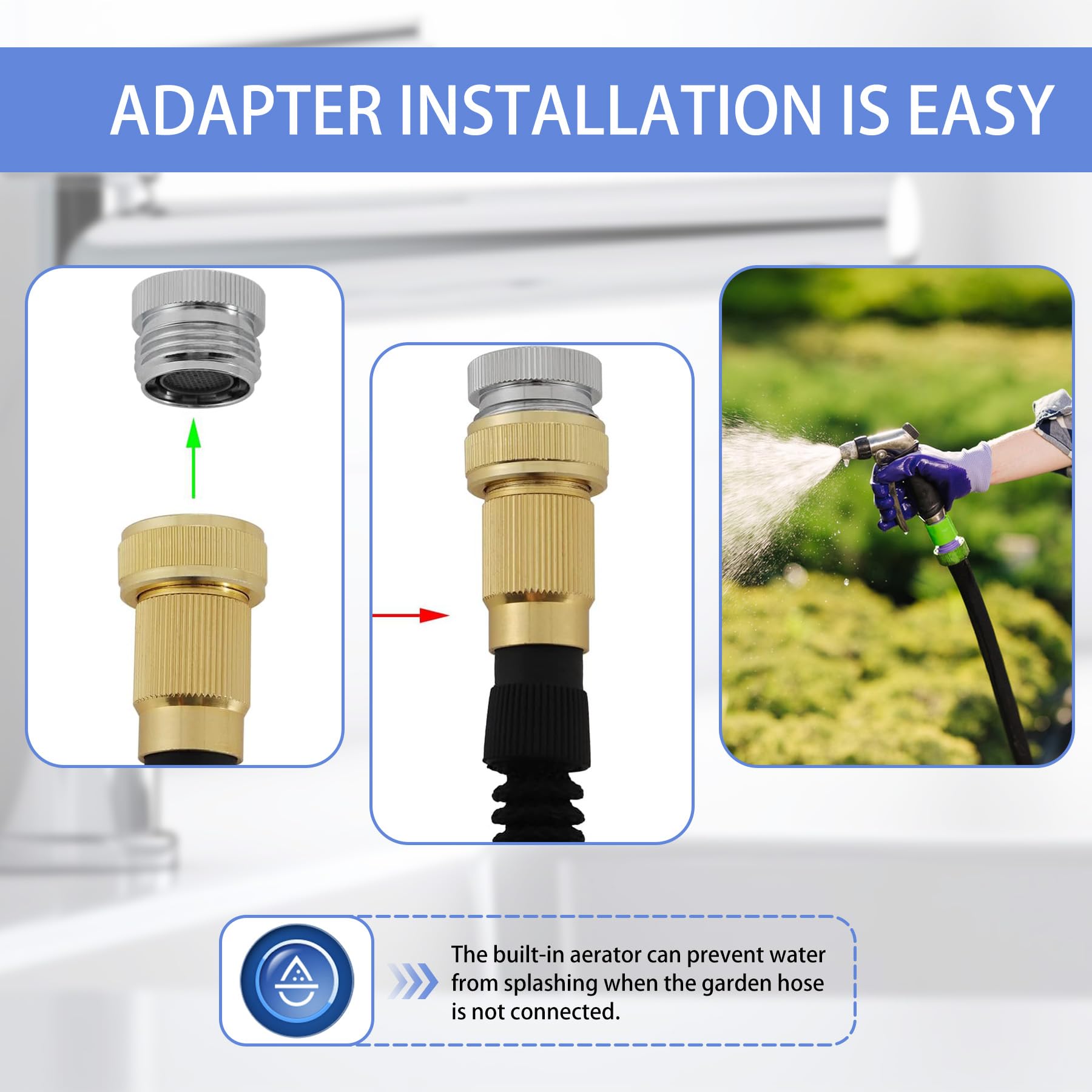 Happyreise Brass Faucet to Garden Hose Adapter with Aerator,Sink Faucet Adapter to Garden Hose for Bathroom Kitchen,3/4" GHT thread Chrome