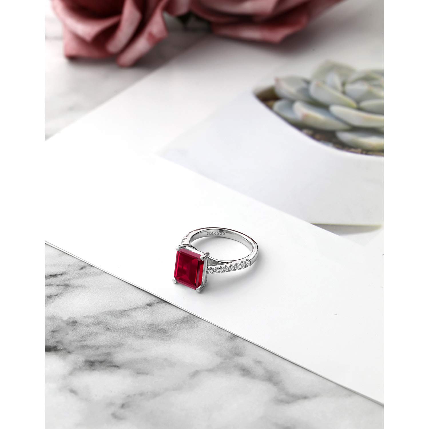 Gem Stone King 925 Sterling Silver Red Created Ruby and White Created Sapphire Ring For Women (4.06 Cttw, Emerald Cut 10X8MM, Available In Size 5, 6, 7, 8, 9)