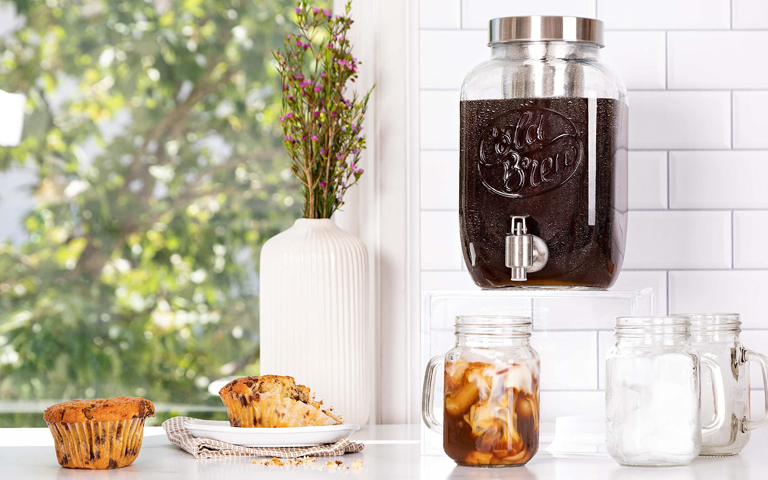 Kook 1 Gallon Mason Jar Drink Dispenser, Thick Glass Carafe, Stainless Steel Spigot and Mesh Filter, Premium Iced Coffee Maker, Cold Brew Pitcher & Tea Infuser