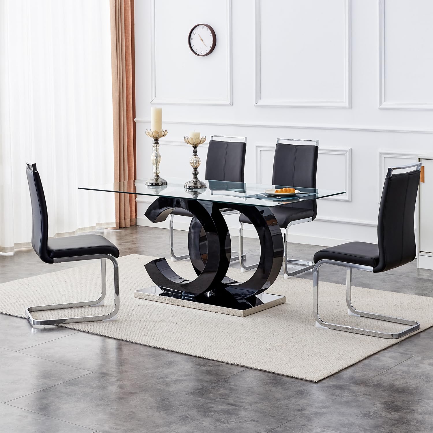 FURNITO 63'' Glass Dining Table Set for 4,Modern Dining Table Set for 4,Tempered Glass Table Top and High-End Design MDF Base with 4 Leather Ergonomic Dining Chairs