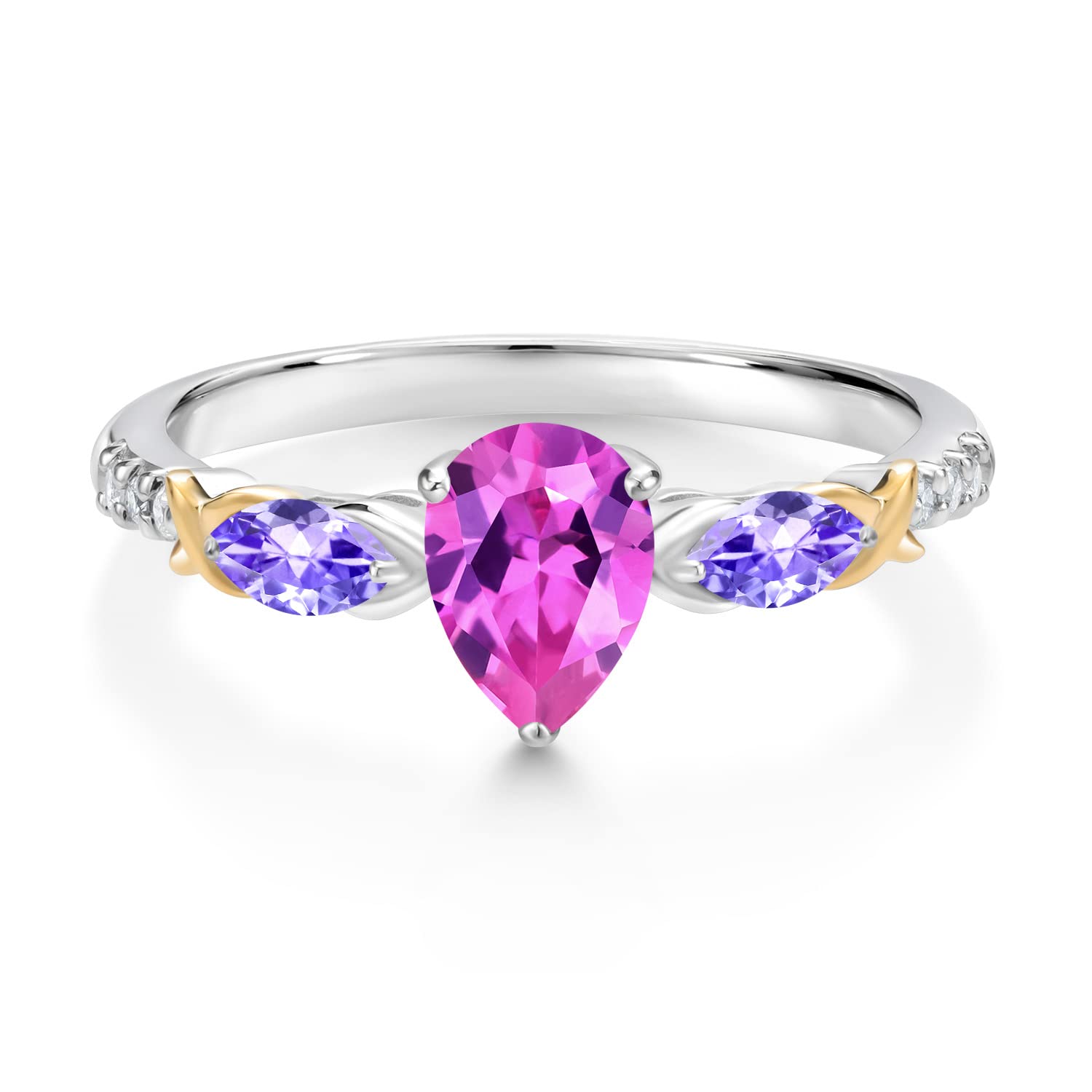 Gem Stone King 925 Silver 10K Yellow Gold Pear Shape Pink Created Sapphire Blue Tanzanite and White Lab Grown Diamond Engagement Ring For Women (1.35 Cttw, Gemstone September Birthstone, Size 9)