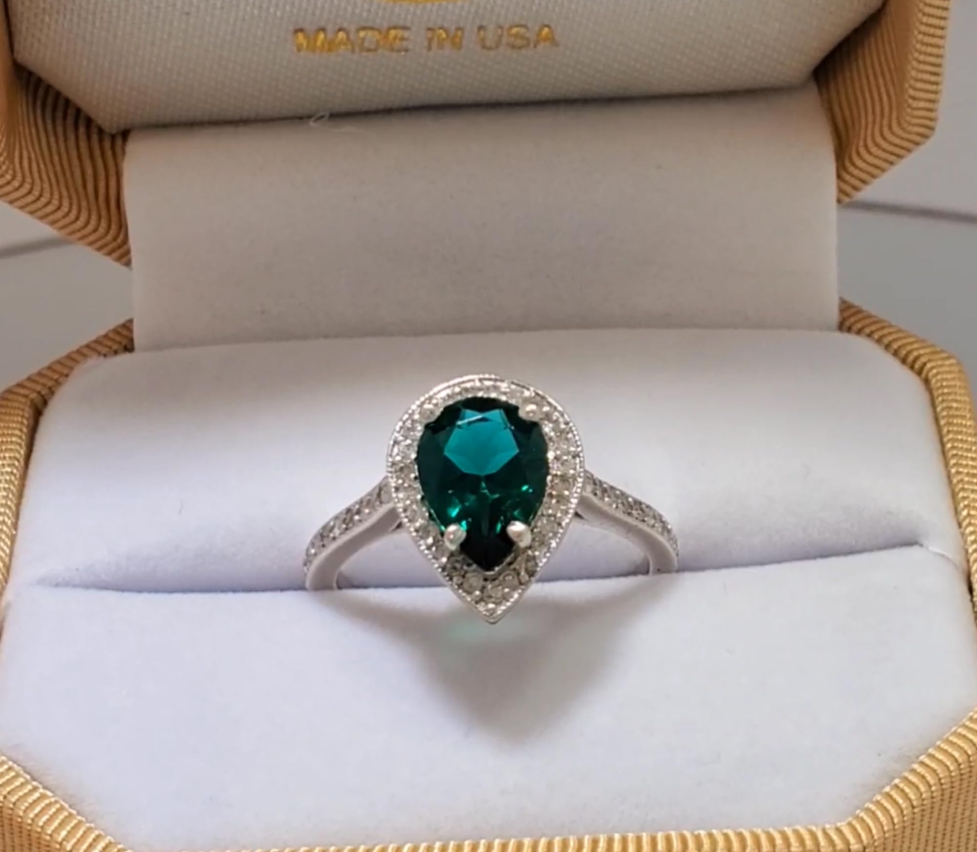 Galaxy Gold GG Stunning 1.69 Carat Total Weight 14K Solid White Gold Emerald and Natural Diamond Halo Ring Brilliant Pear Cut Tear Drop Shape Round Diamonds (6)