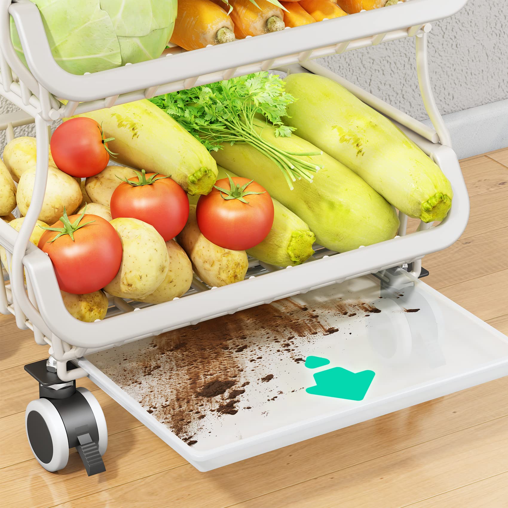 Fruit Basket for Kitchen with Wood Top 5 Tier, SAYZH Stackable Fruit and Vegetable Storage Cart, Wire Storage Basket with Wheels, Vegetable Basket Bins Rack for Onions and Potatoes, White